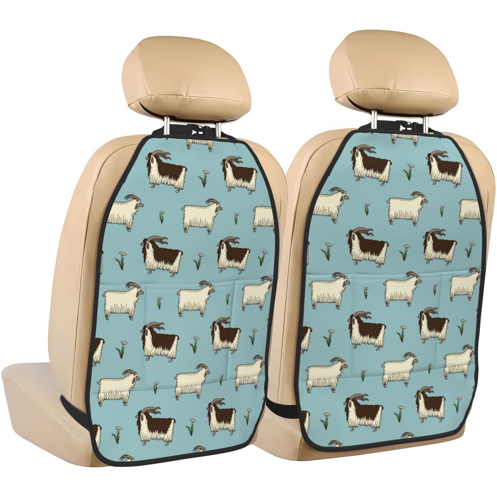 Kick Mats with Backseat Car Organizer 2 Pack - Cartoon Cute Goat Flower ...