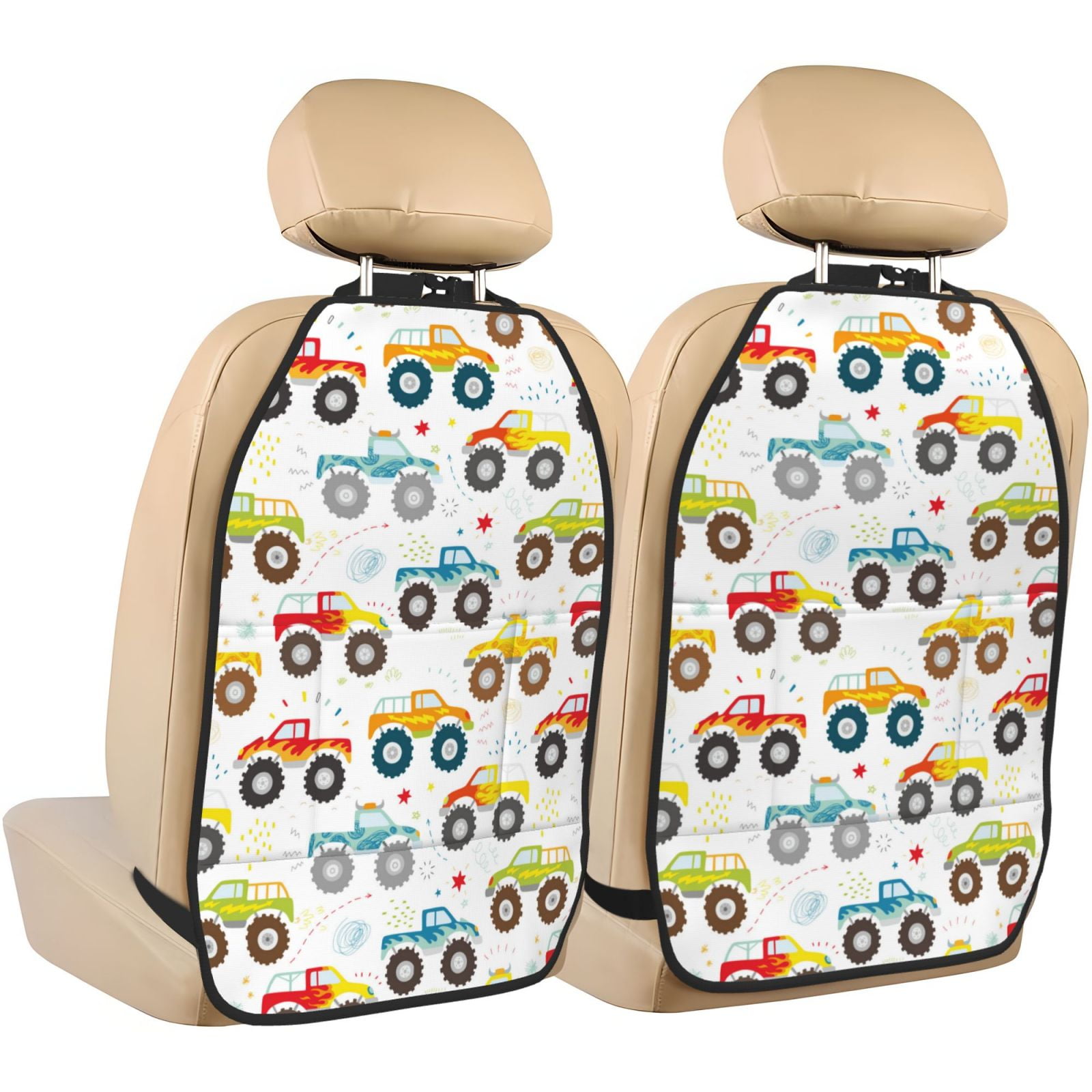 Kick Mats with Backseat Car Organizer 2 Pack - Cartoon Monster Trucks ...