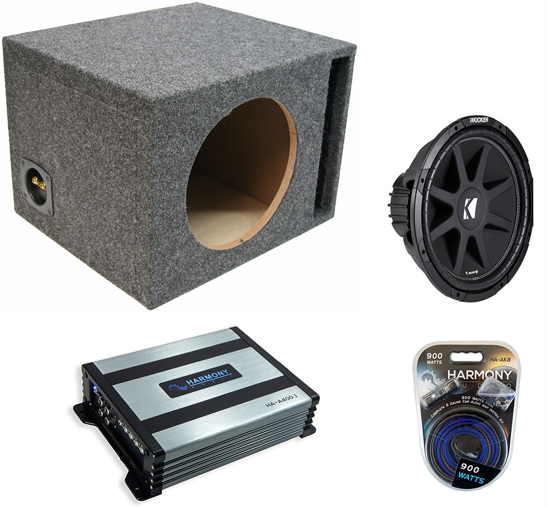 Kicker 43C154 15 300W Sub, HA-A400.1 800W Amp & 115VH Sub Box - Walmart.com