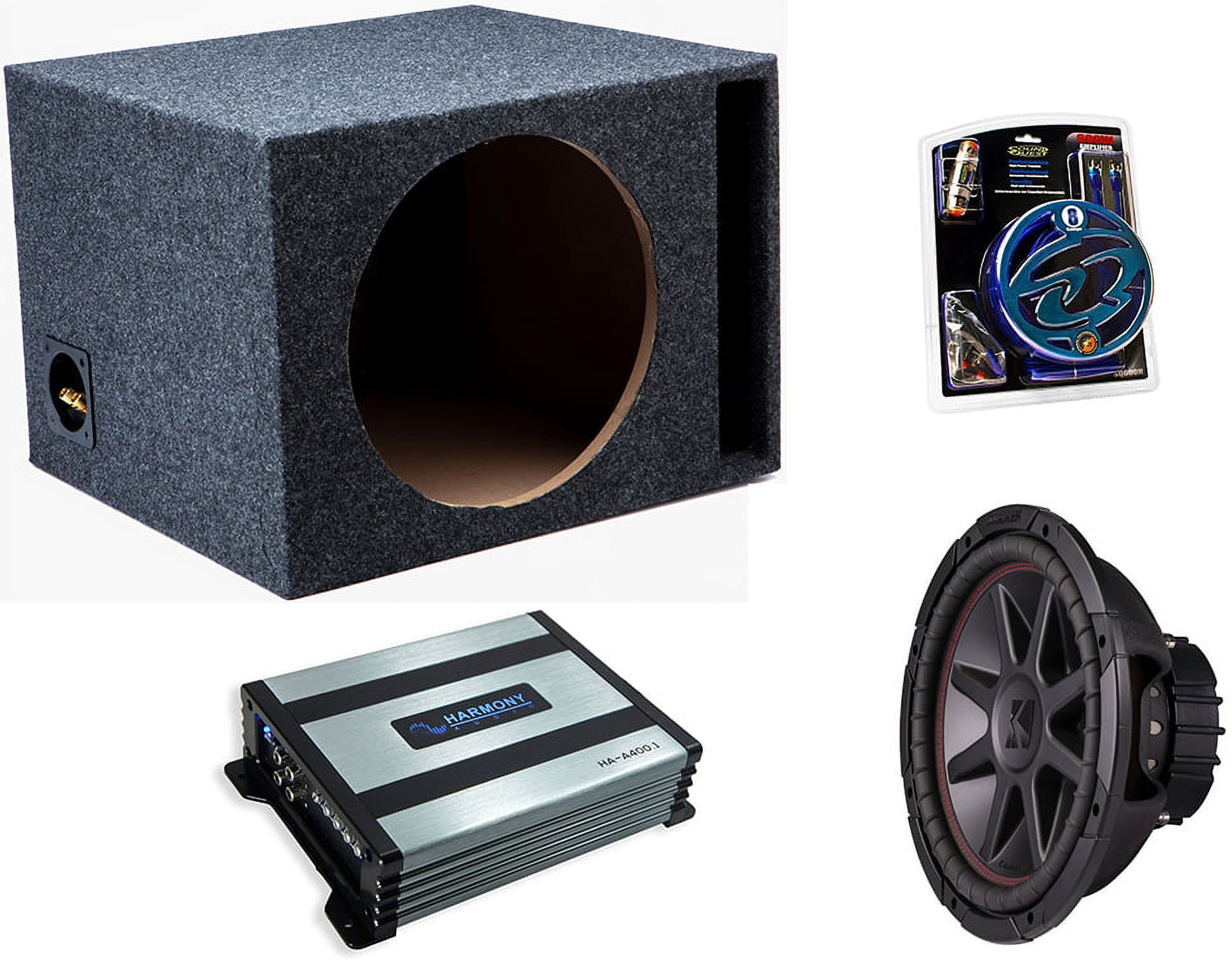 Kicker 43CVR122 12" 400W Sub, HA-A400.1 800W Amp & 112VH Sub Box ...