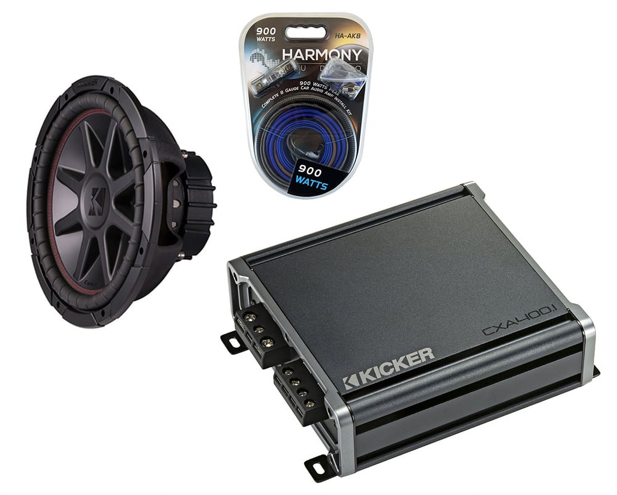 Kicker 43CVR124 400W Sub, Kicker 46CXA4001 Class-D 800W Sub Amp & 8G ...