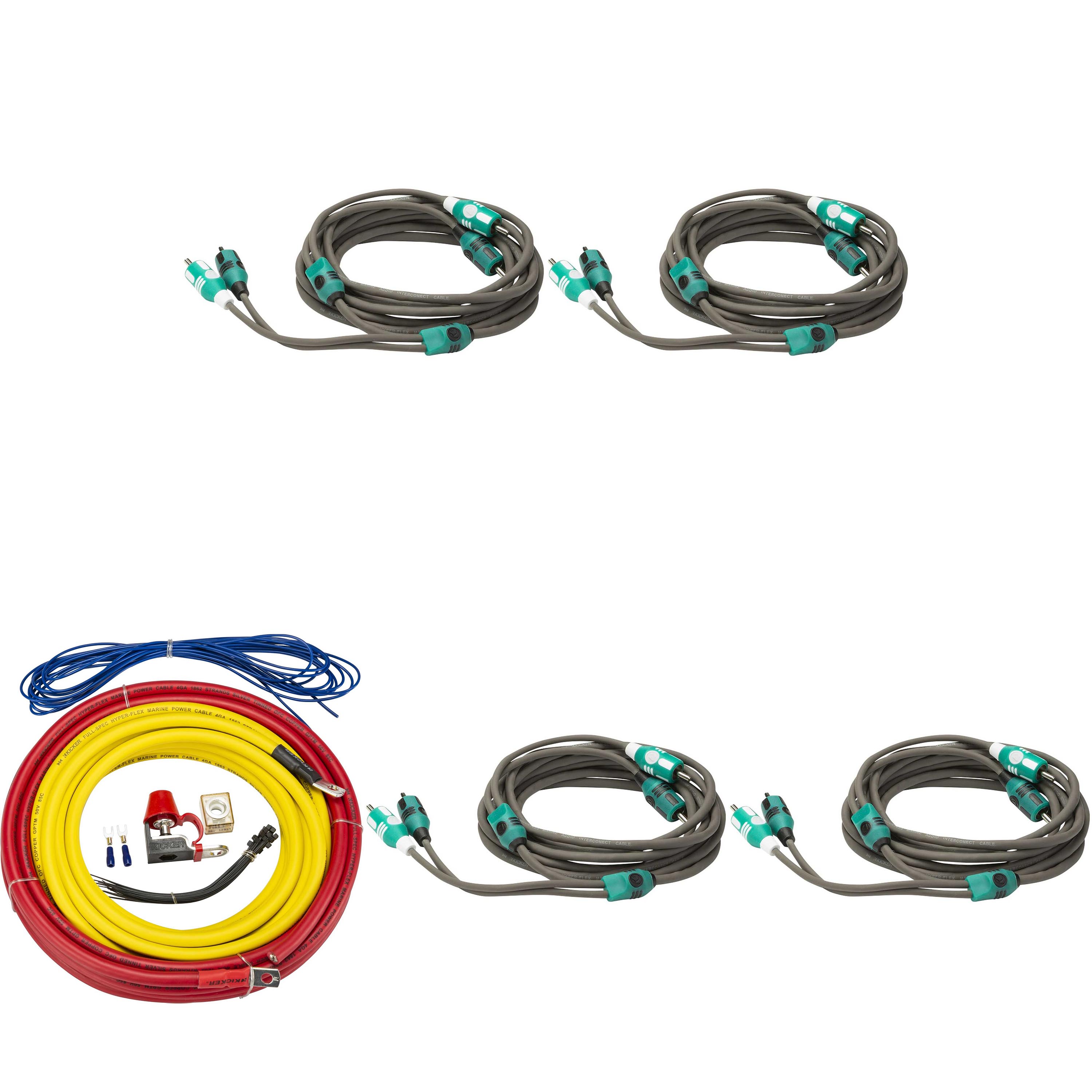 Kicker 47KMPK4 Marine 4awg Amp Power Kit & (4) 47KMI3 3 Meter RCA Cable ...