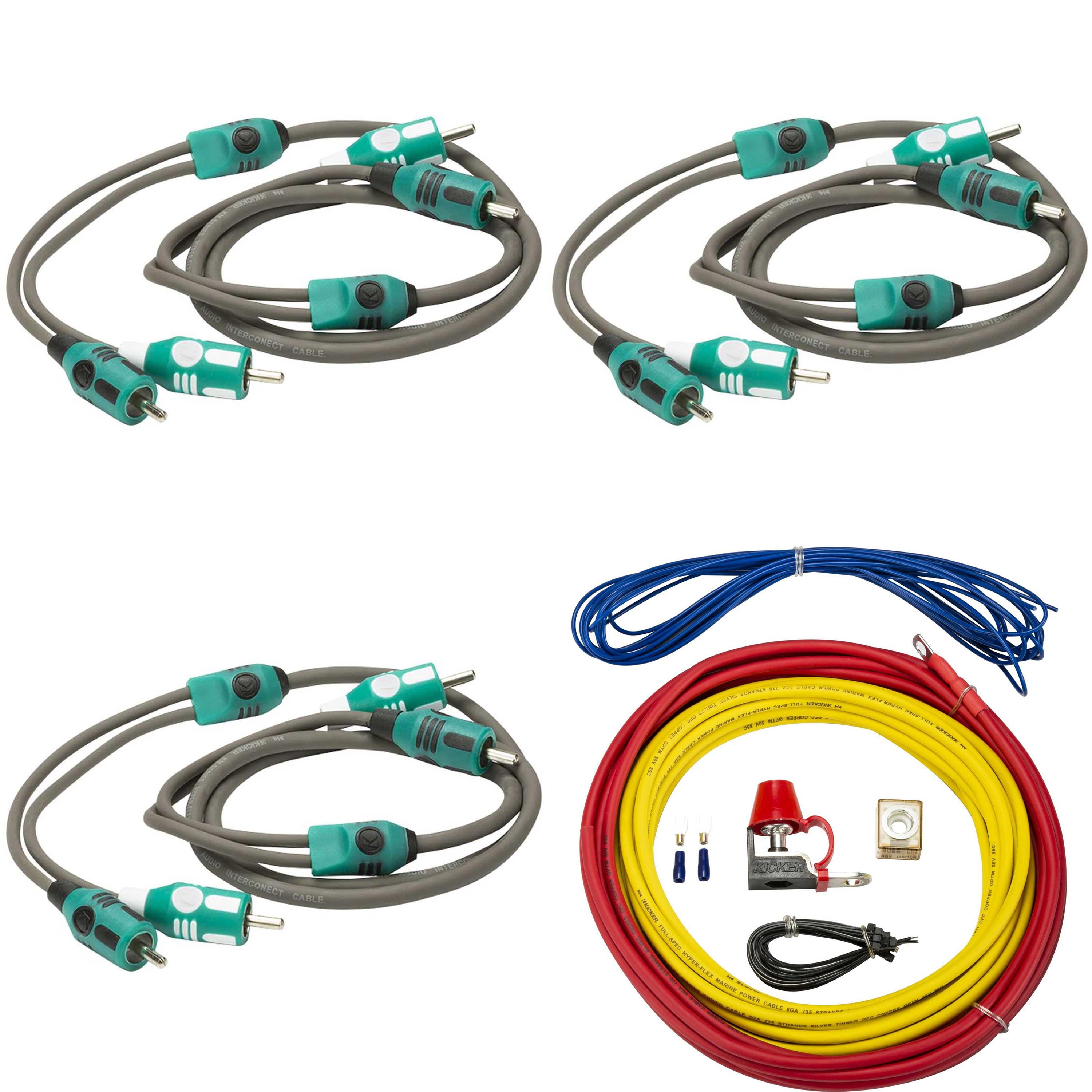 Kicker 47KMPK8 Marine 8awg Amp Power Kit & (3) 47KMI1 1 Meter RCA Cable ...