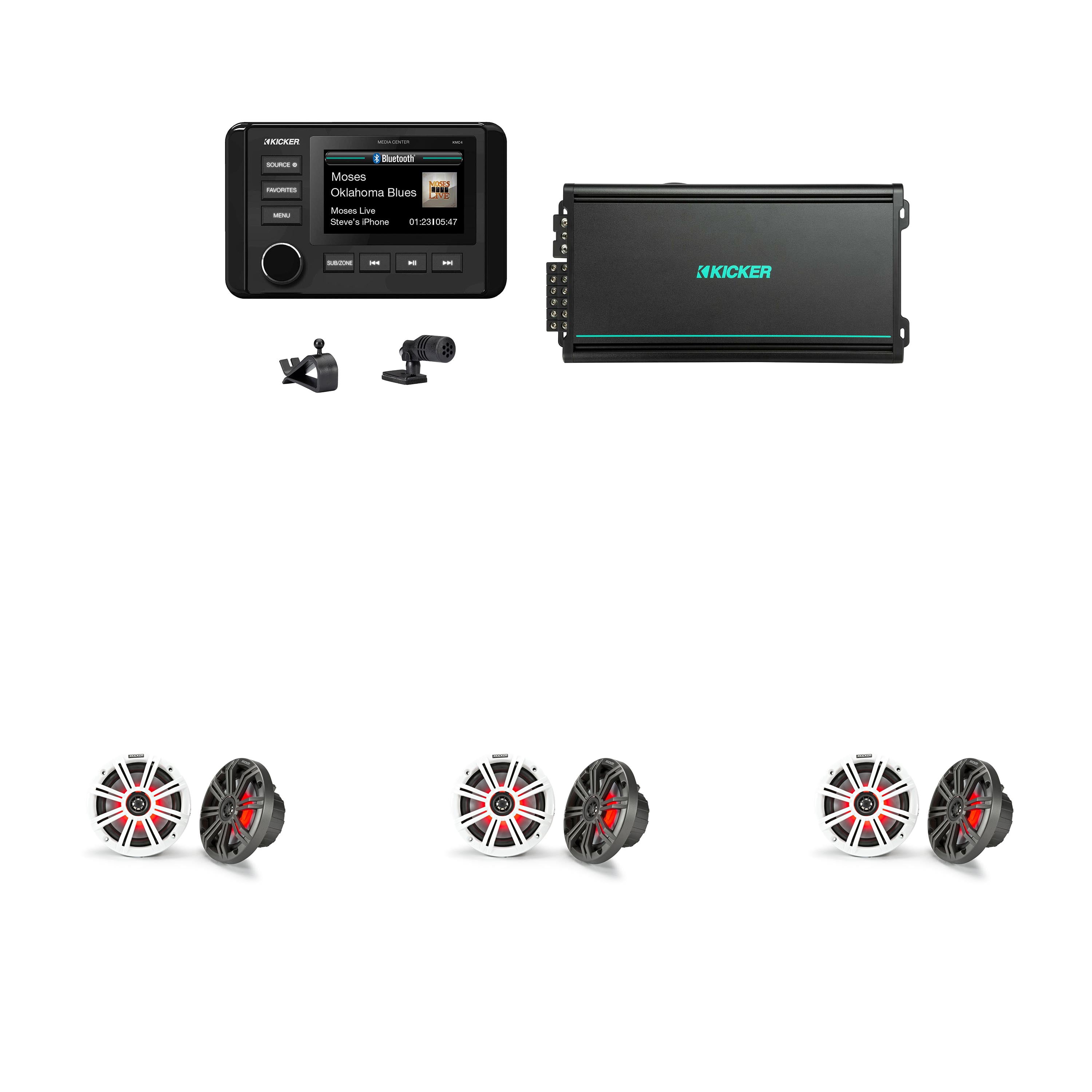 Kicker 51KMC4 Marine Source Unit & (3 Pair ) 45KM654L 6.5" RGB LED ...