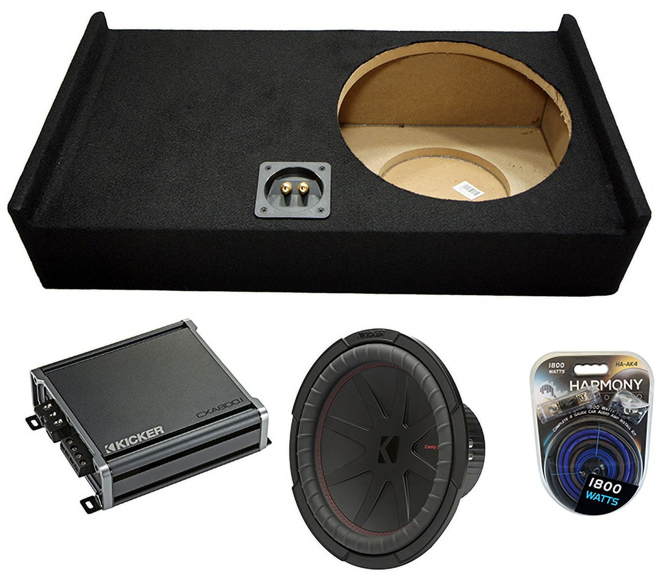 Kicker CompR CWR12, 12" 500W Sub, 46CXA8001 1600W Amp & Custom Single ...