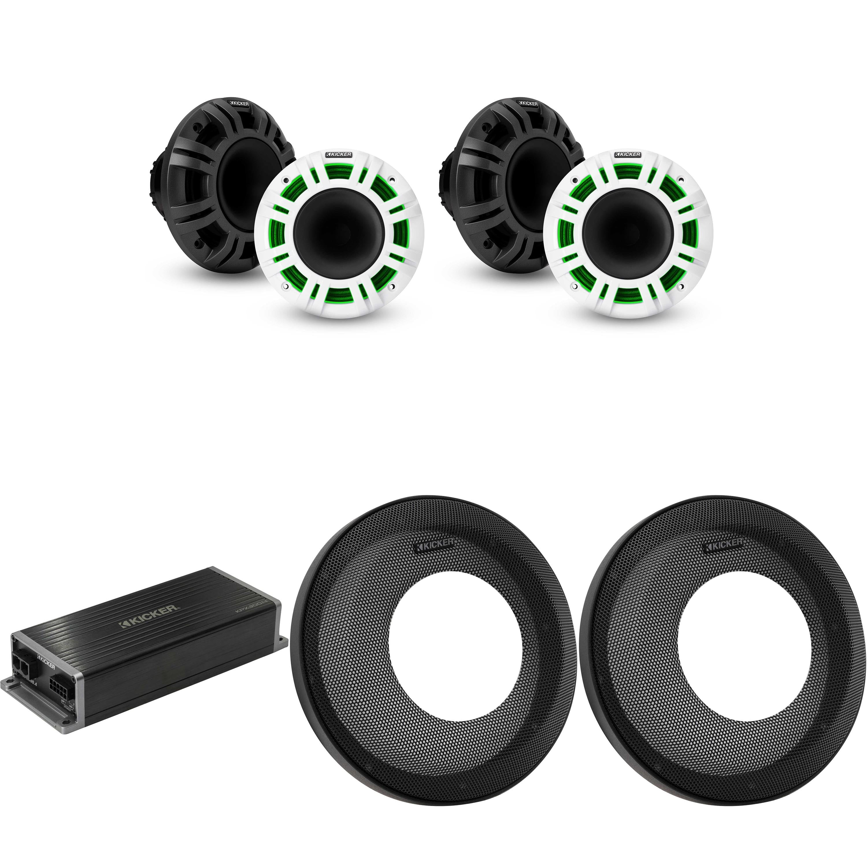 Kicker Marine KPX300.4 Amp & (2) 6.5" HLCD Marine LED Powersports Grill ...