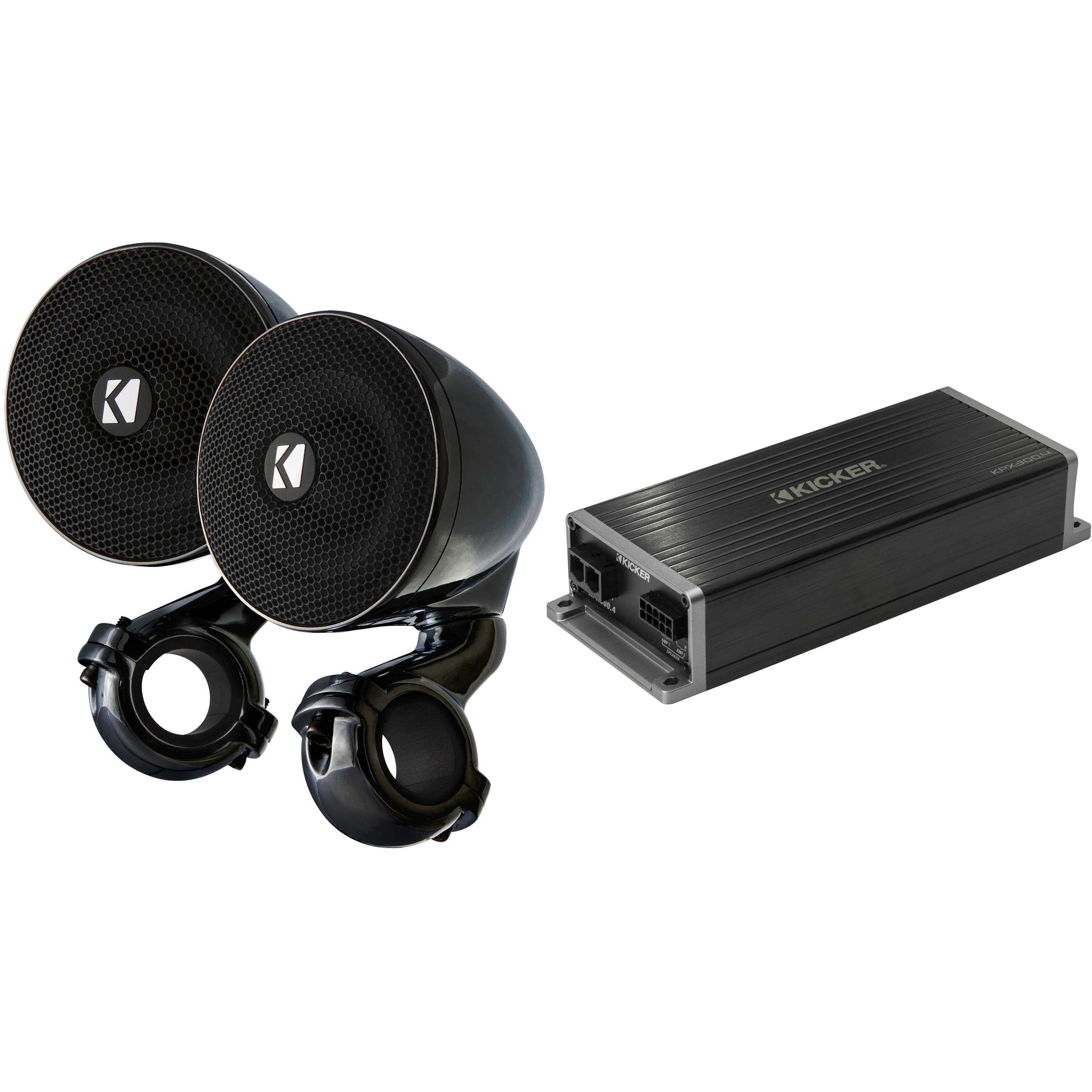 Kicker Marine KPX300.4 Powersports & Motorcycle Amp & 3" Black Enclosed ...