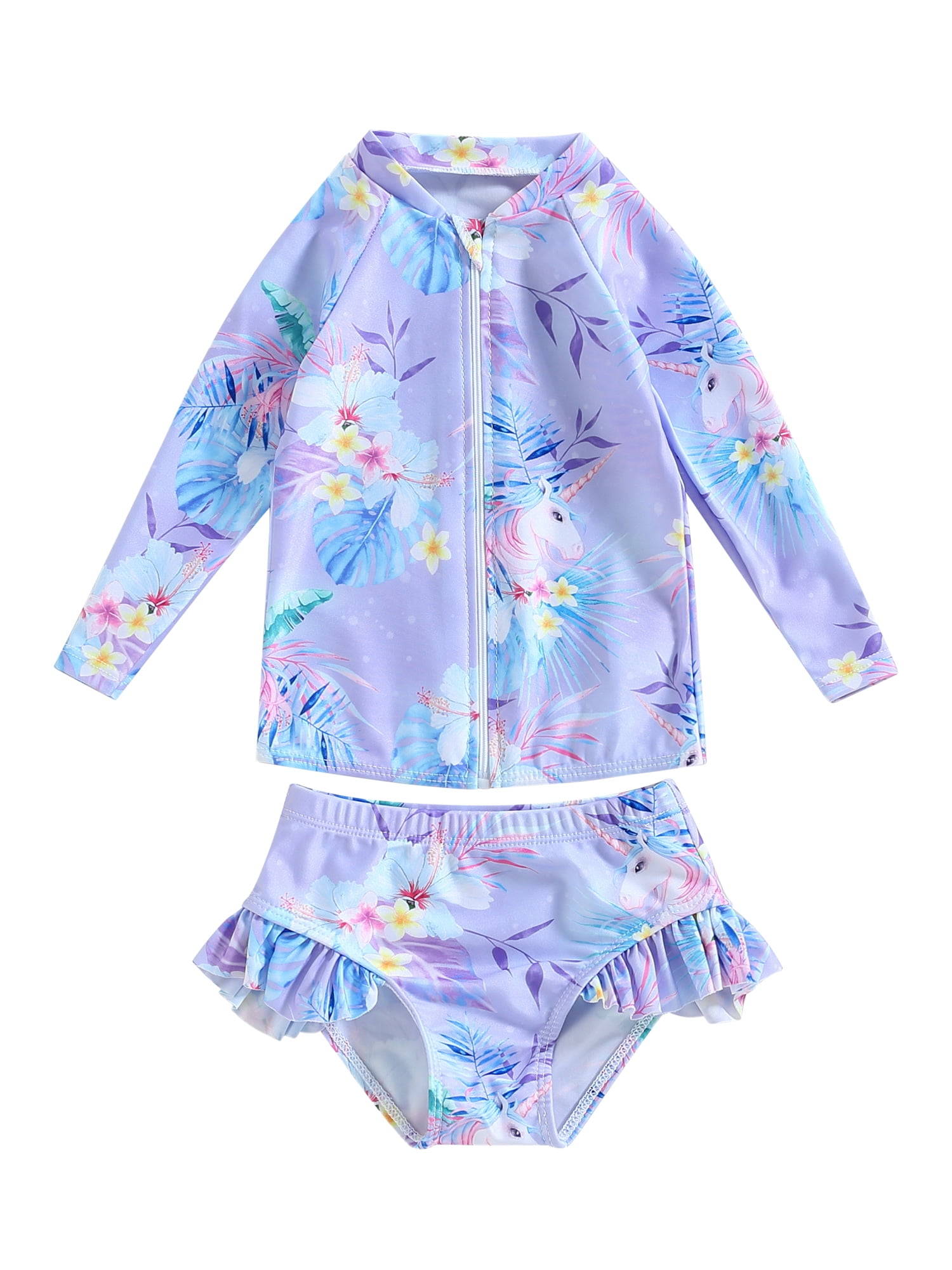 Kid Baby Girl One Piece Swimsuits Coconut Tree Print Zip Up Long Sleeve ...