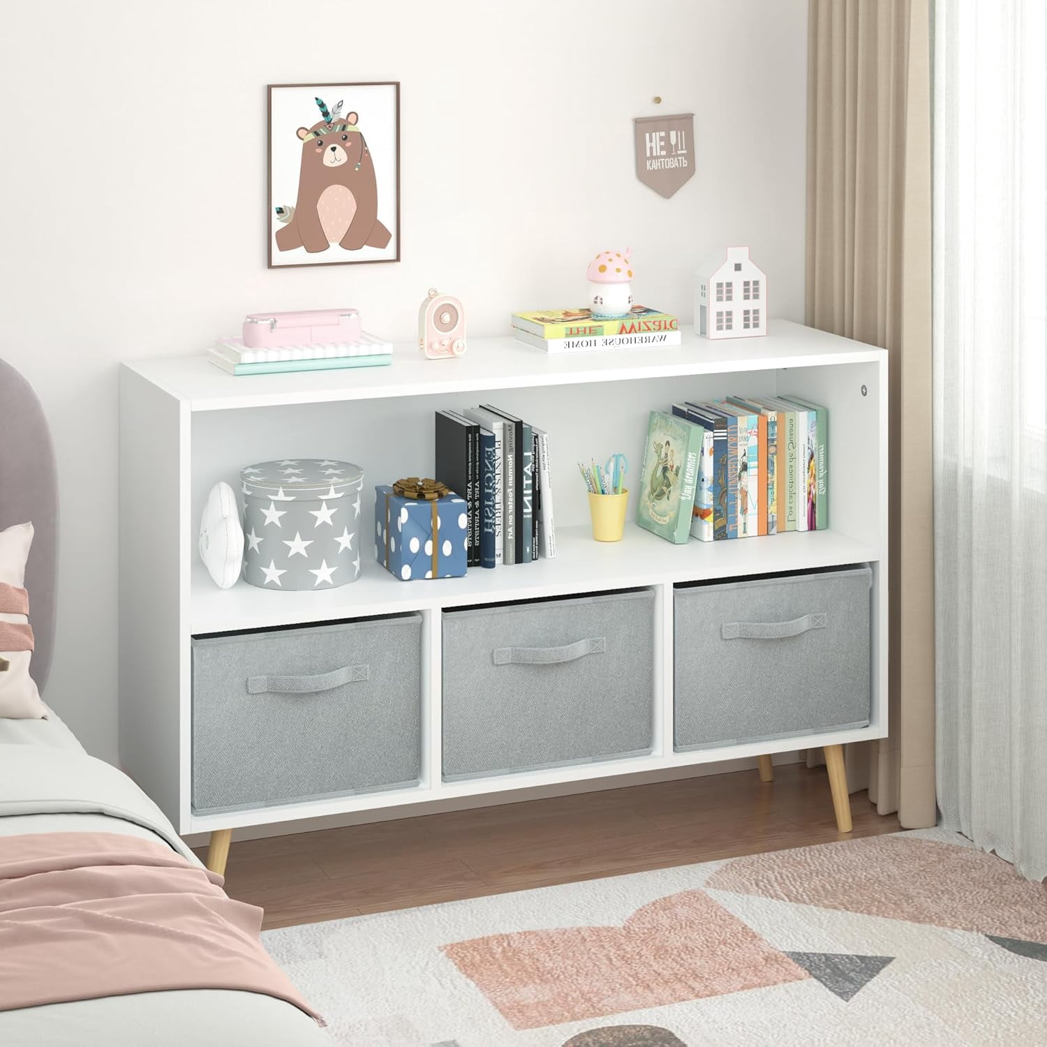 Kid Bookcase with 3 Collapsible Fabric Drawers, Children’s Book Display ...
