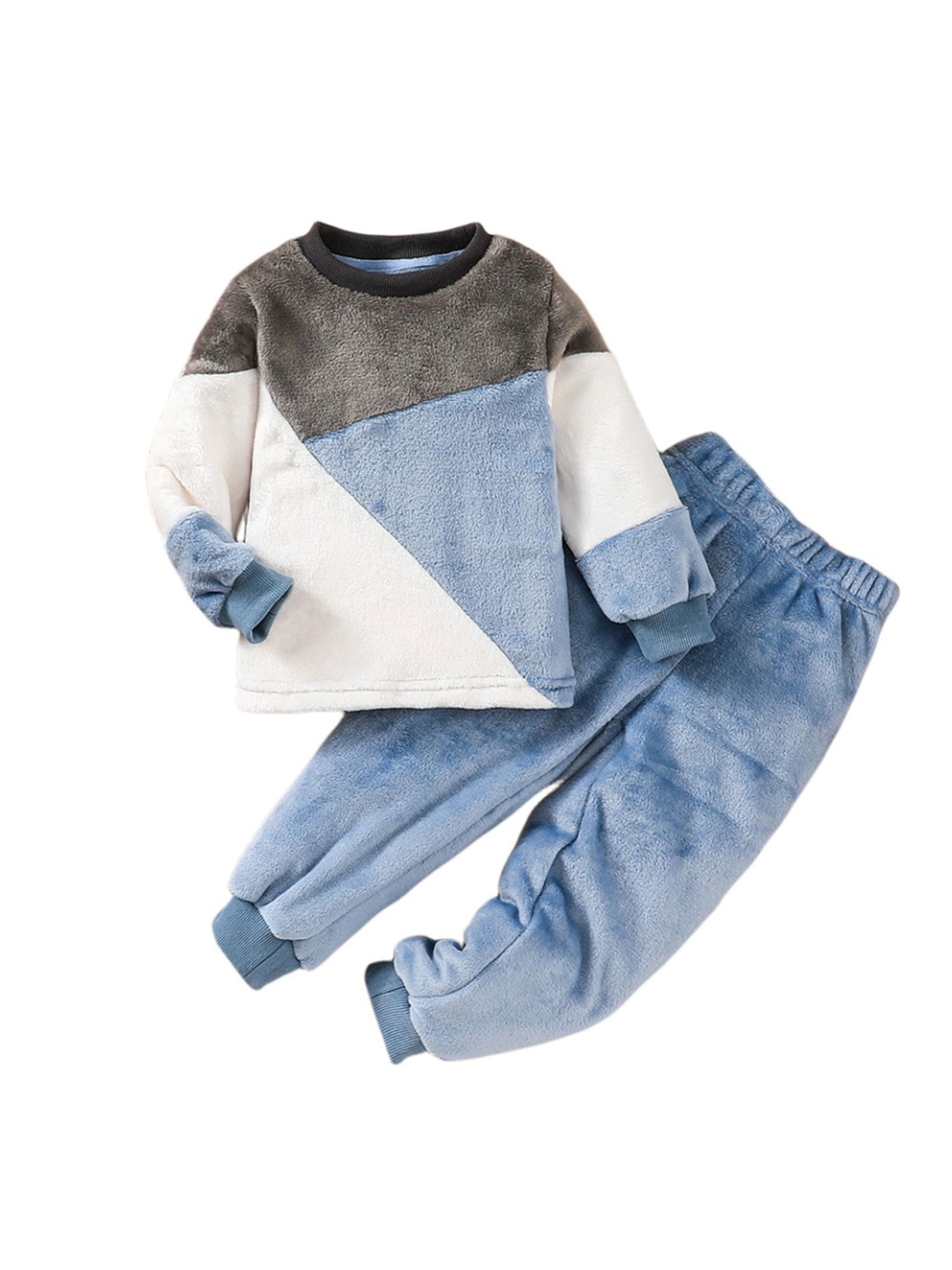 Kid Boys Plush Pajamas Set Contrast Color Crew Neck Long Sleeve Tops ...