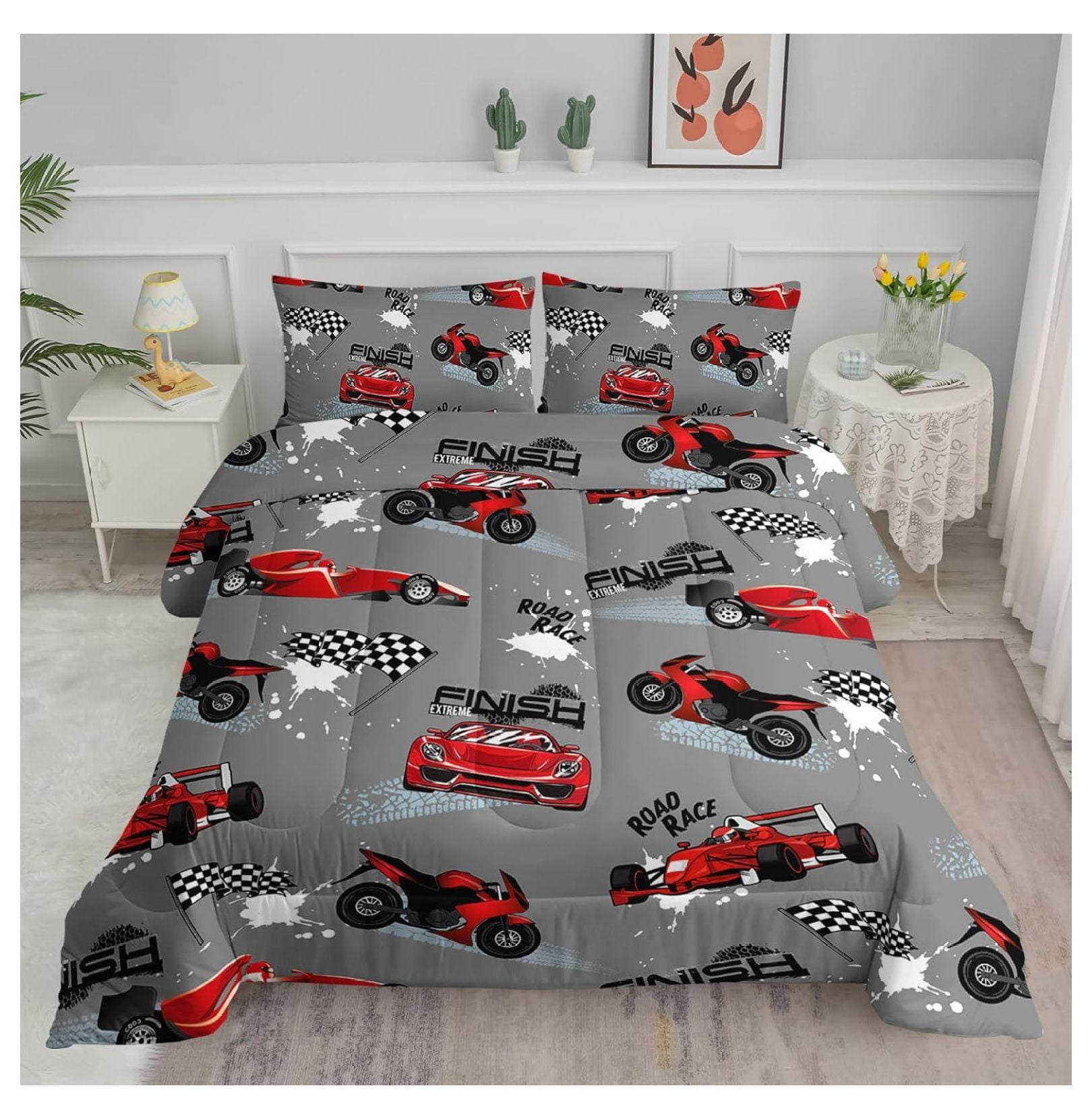 Kid Comforter Set Queen Size,Racing Car Bedding Set for Boys Girls Teen ...