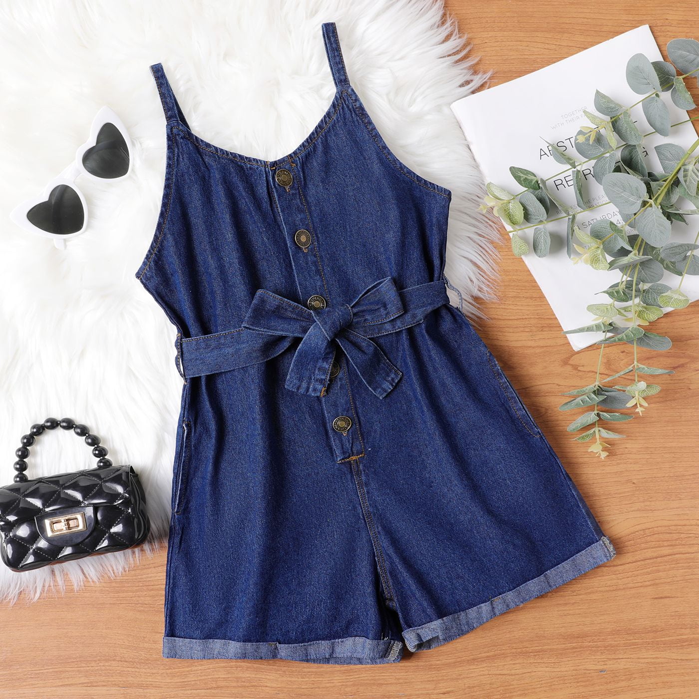 Kid Girl Button Front Belted Denim Romper - Walmart.com