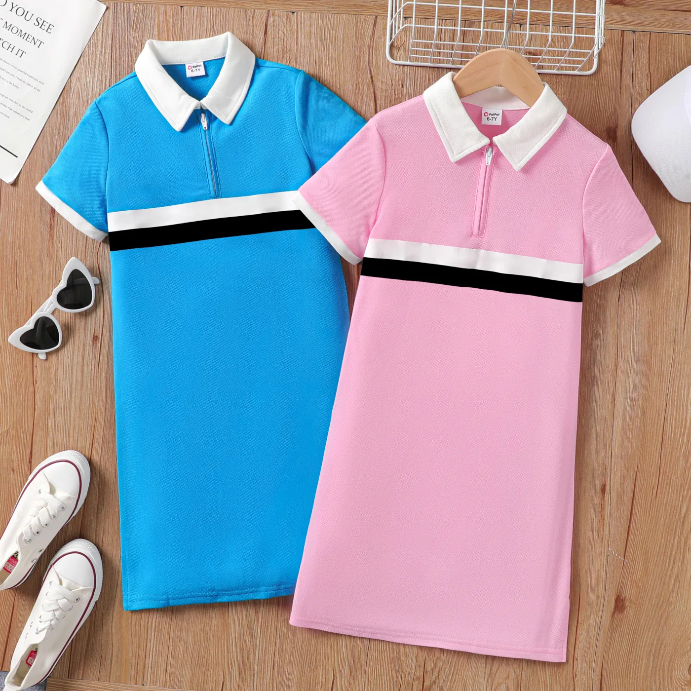 Kid Girl Colorblock Zipper Lapel Collar Short-sleeve Dress - Walmart.com