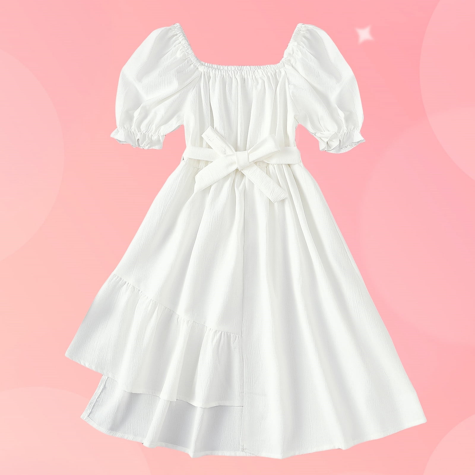 Kid Girl Dress Puff Sleeve Tiered Swing A-Line Summer White Dresses For ...
