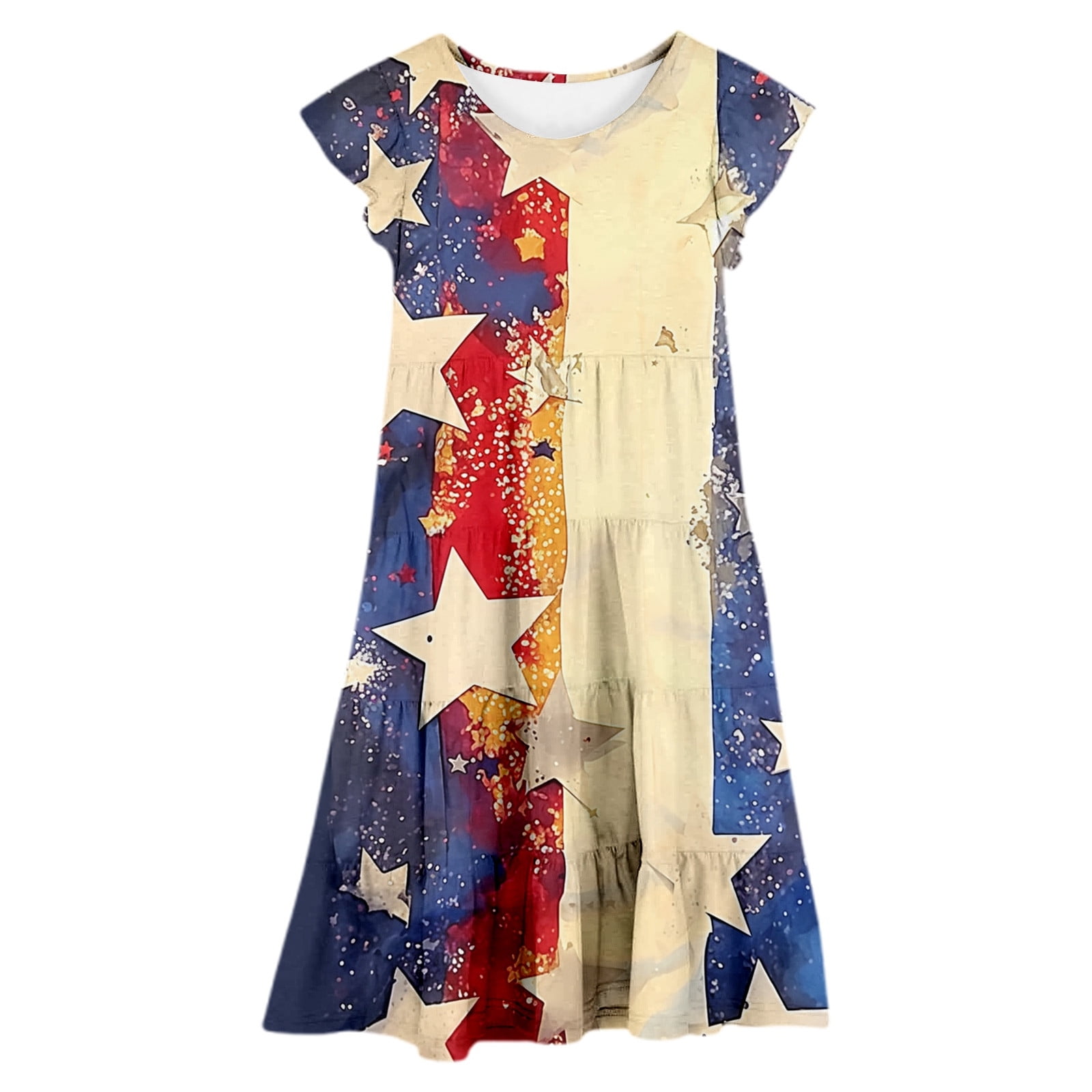 Kid Girl Dress Ruffled Sleeve A-Line Tiered Swing Cotton 4th Of July ...