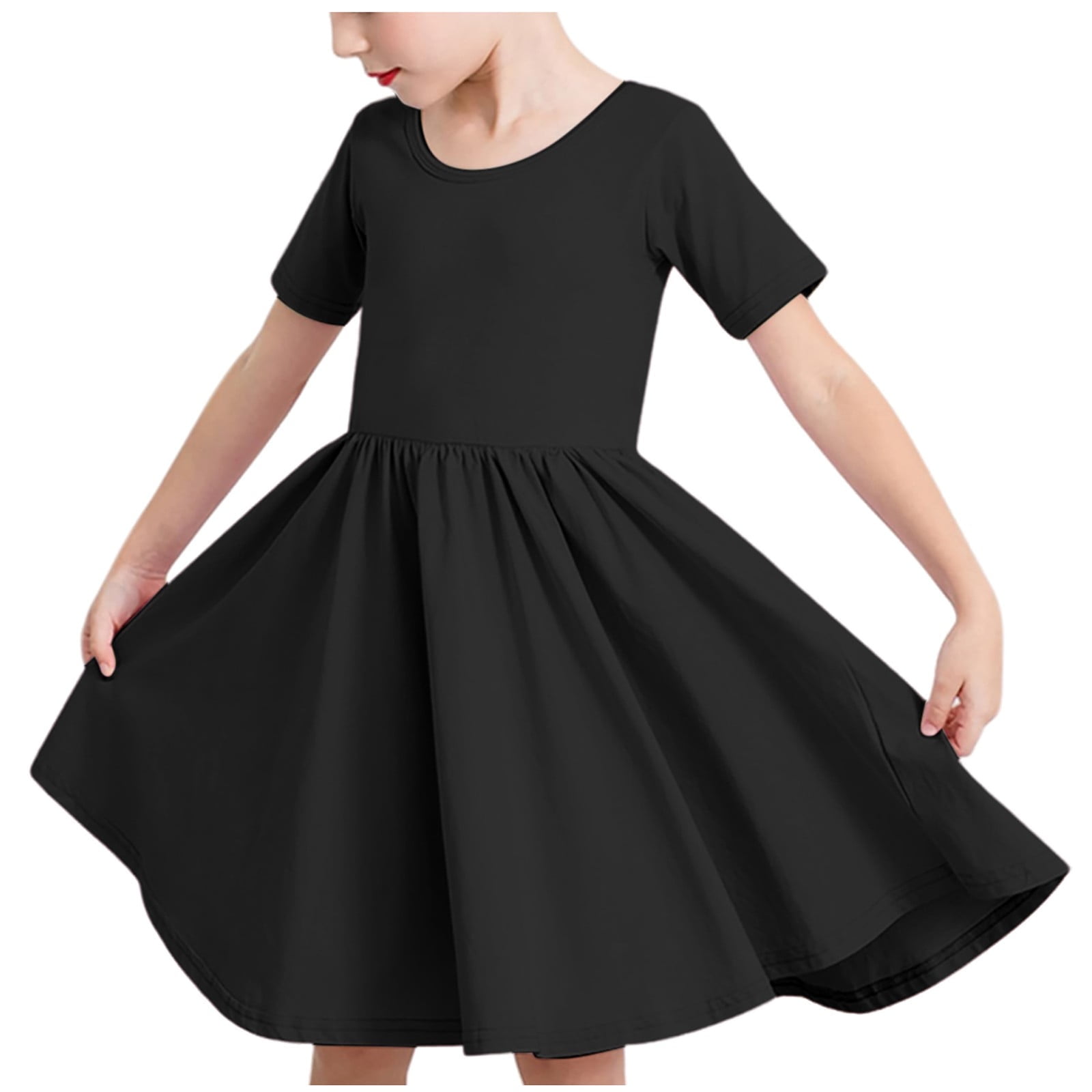 Kid Girl Dresses Short Sleeve A-Line Tiered Swing Cotton Black Dress ...