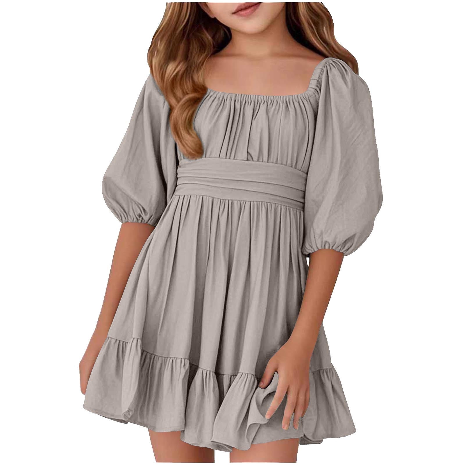 Kid Girl Dress Short Sleeve Tiered Swing A-Line Cute Grey Dresses For ...