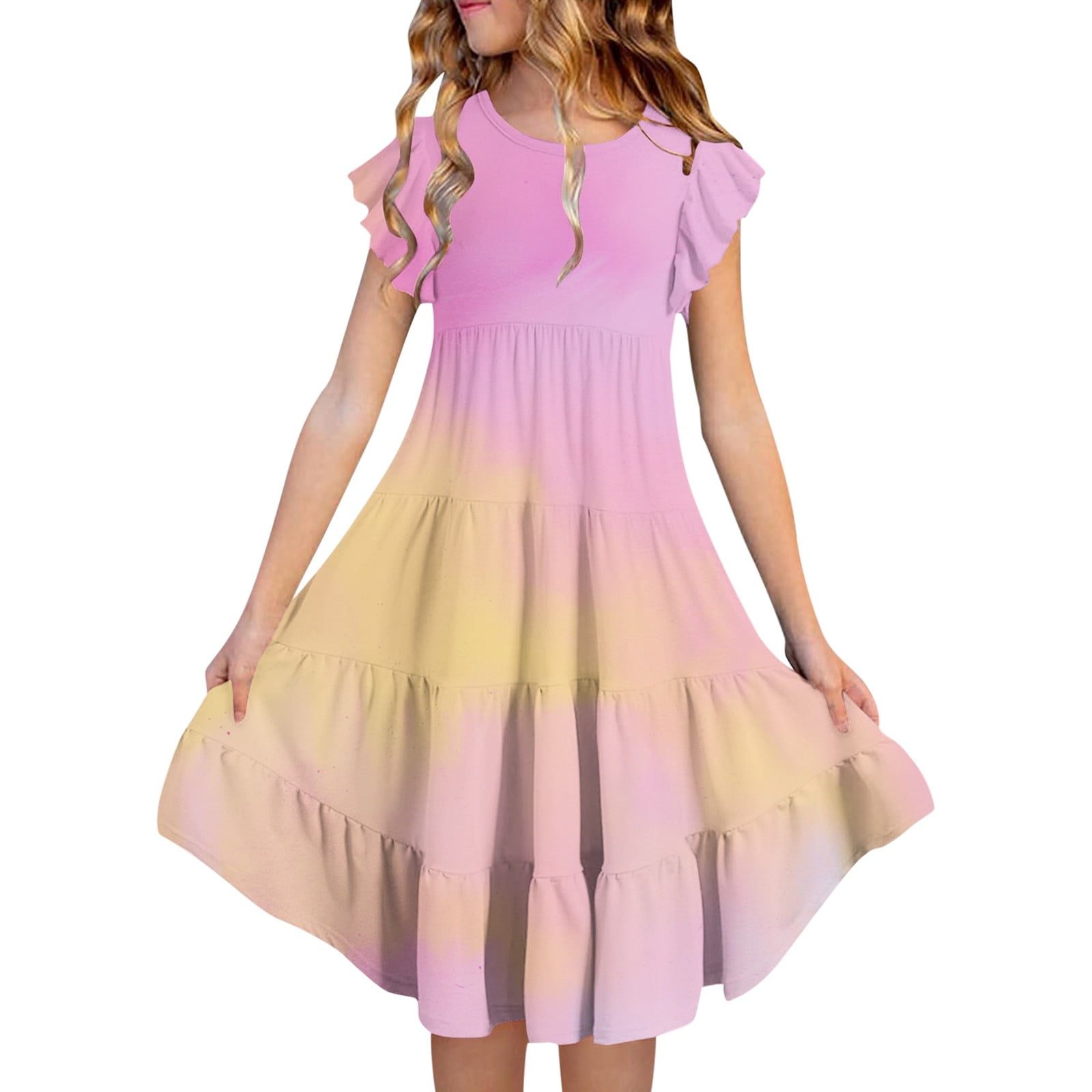 Kid Girl Dress Flutter Sleeve A-Line Tiered Swing Summer Gradient ...