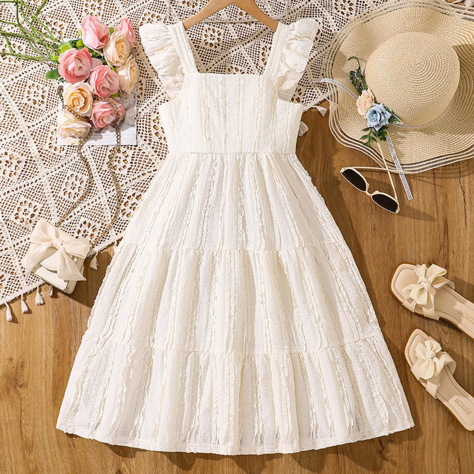 Kid Girl Dresses Flutter Sleeve Tiered Swing A-Line Cute White Dresses ...