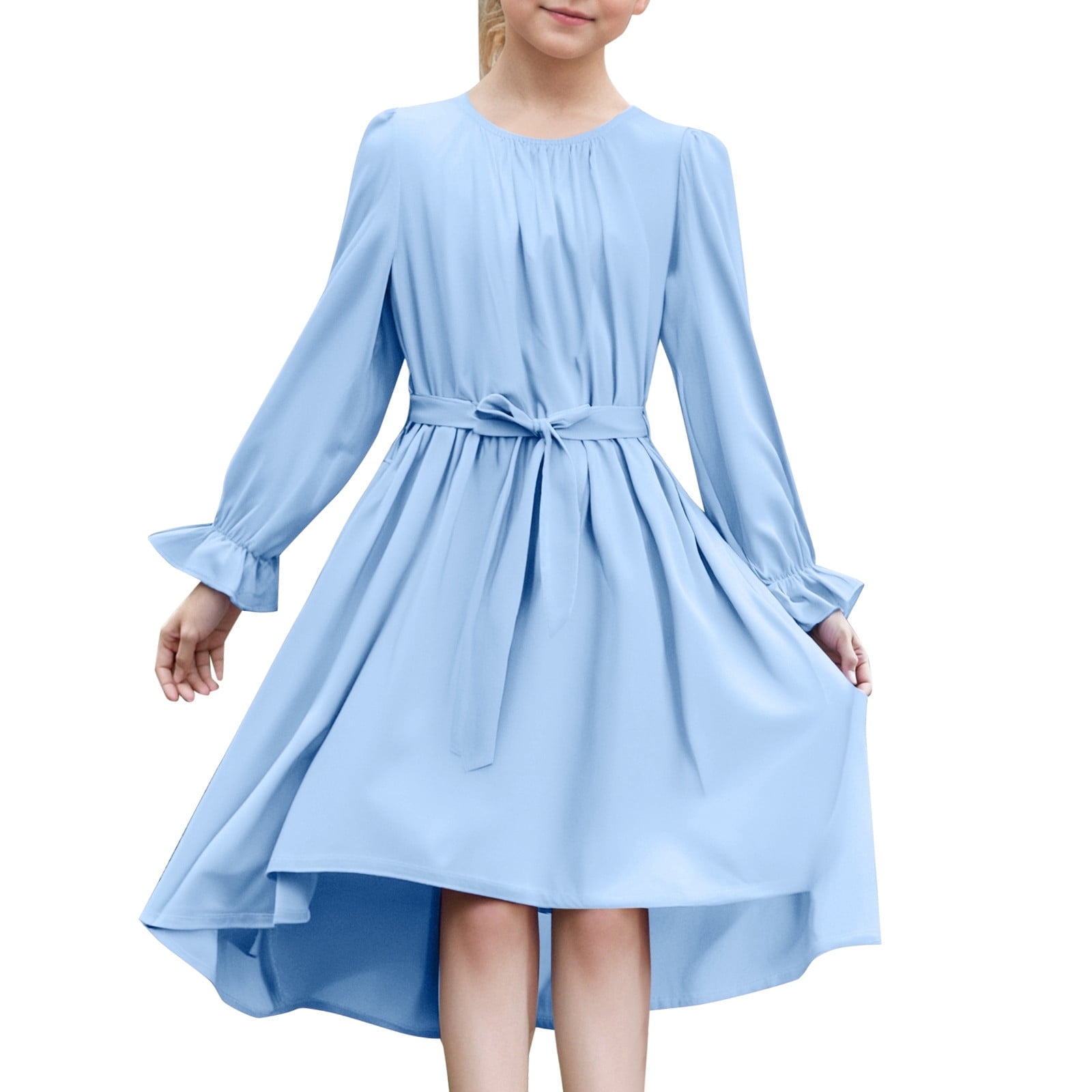 Kid Girl Dresses Long Sleeve A-Line Tiered Swing Casual Light Blue ...
