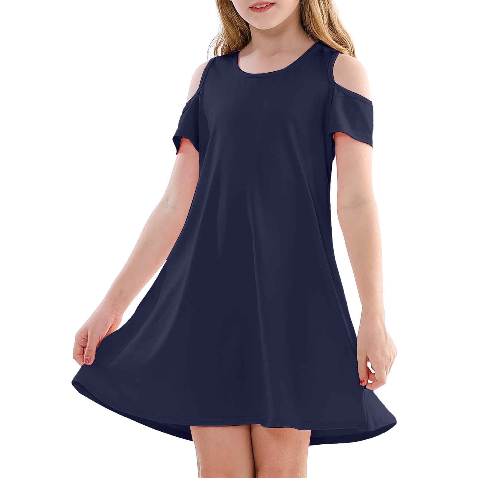 Kid Girl Dresses Short Sleeve Tiered Swing A-Line Cute Navy Dress Girls ...