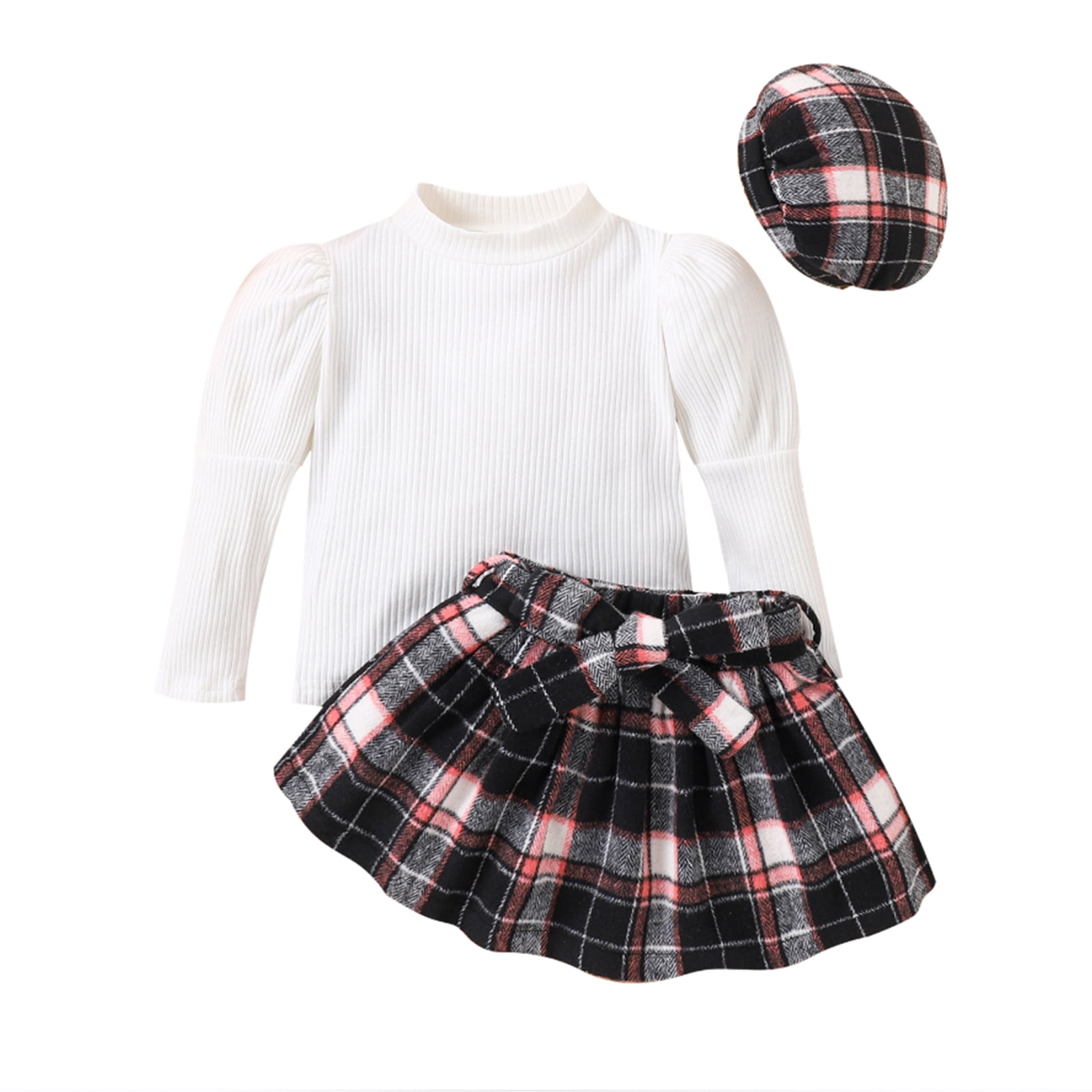 Kid Girl Fall 3Pcs Outfit Solid Color Ribbed Long Puff Sleeve Tops ...
