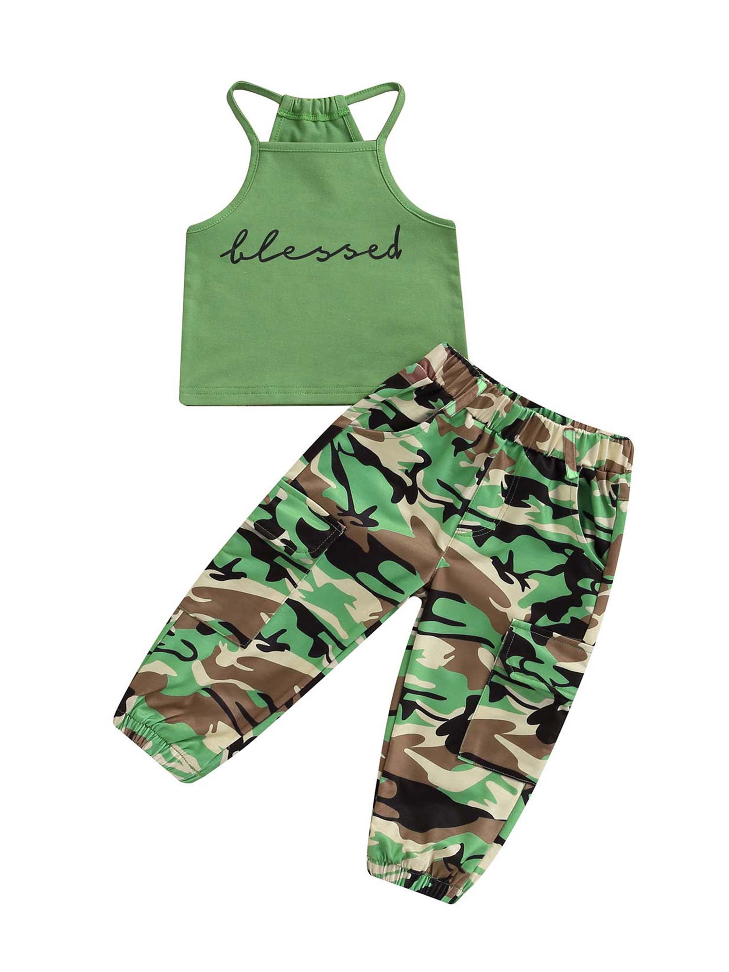 Kid Girl Long Pants Suits, Letter Sling Vest + Camouflage Pants Set ...