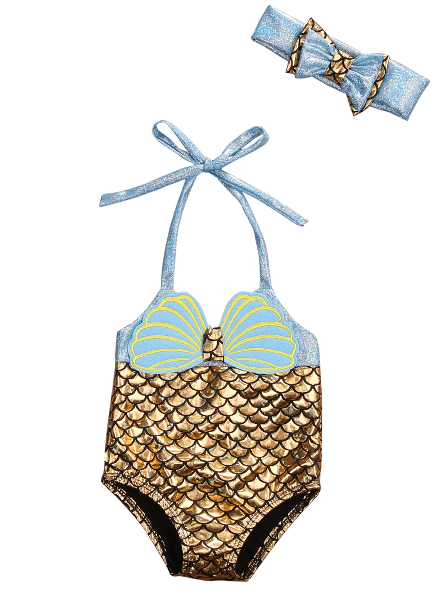 Kid Girl One Piece Bikini Shellfish Scale Mermaid Print Lace-up ...