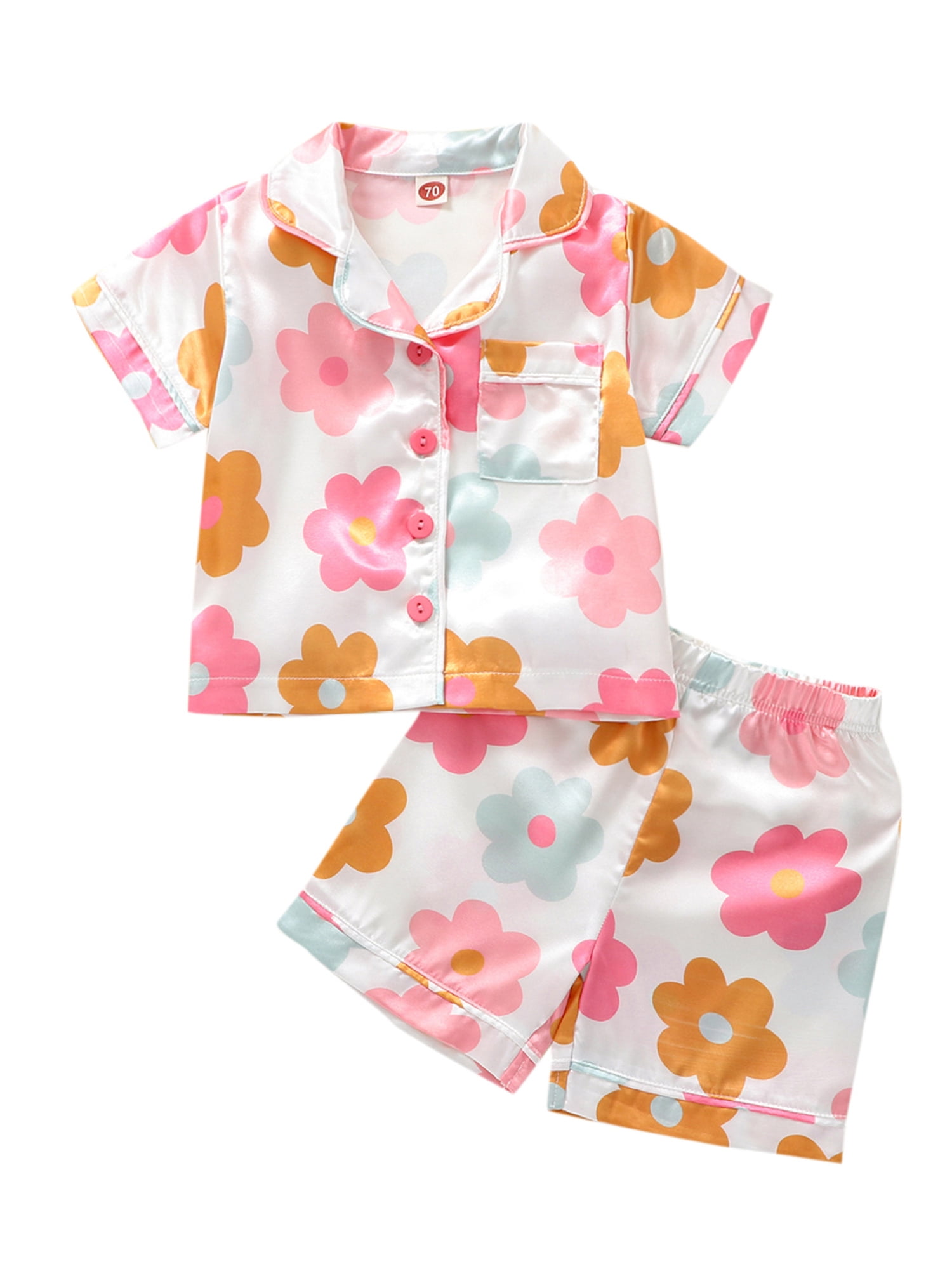 Kid Girl Pajamas, Short Sleeve Lapel Neck Floral Print Buttons Tops ...