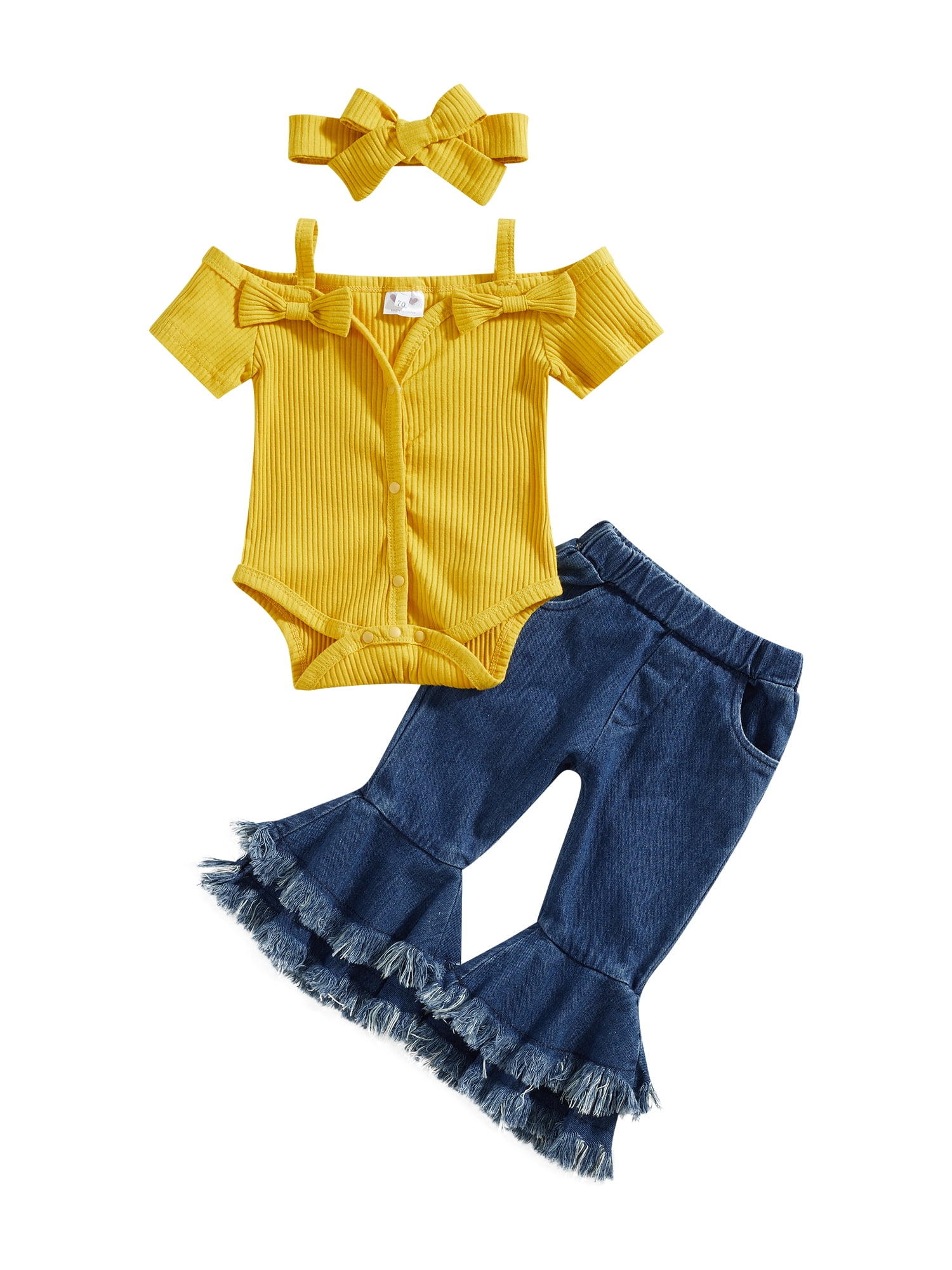 Kid Girl Pants Suit, Short Sleeve Buttons Romper Shirt + Bell-Bottoms ...