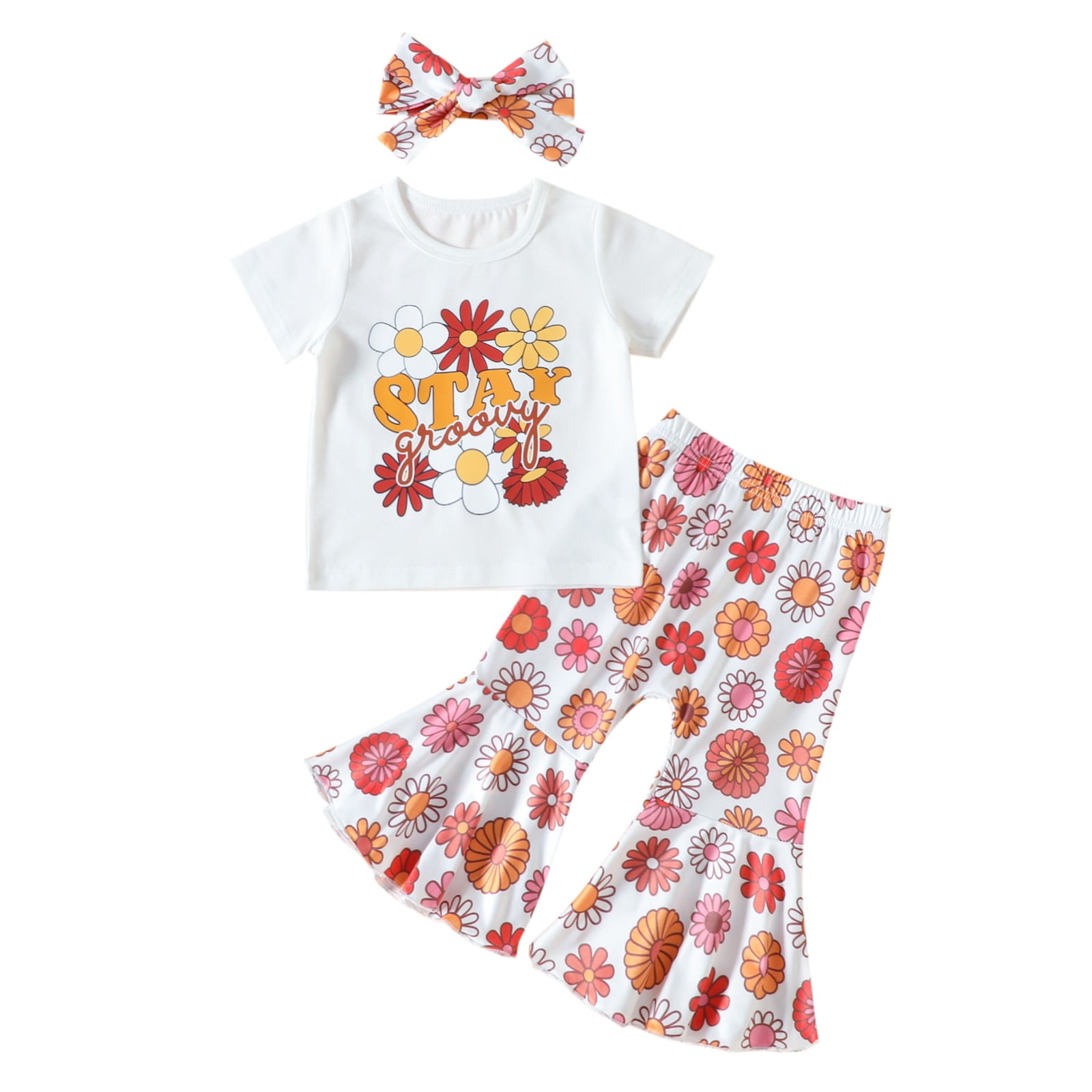 Kid Girl Pants Suit, Short Sleeve Round Neck Flower Print Shirt + Bell ...