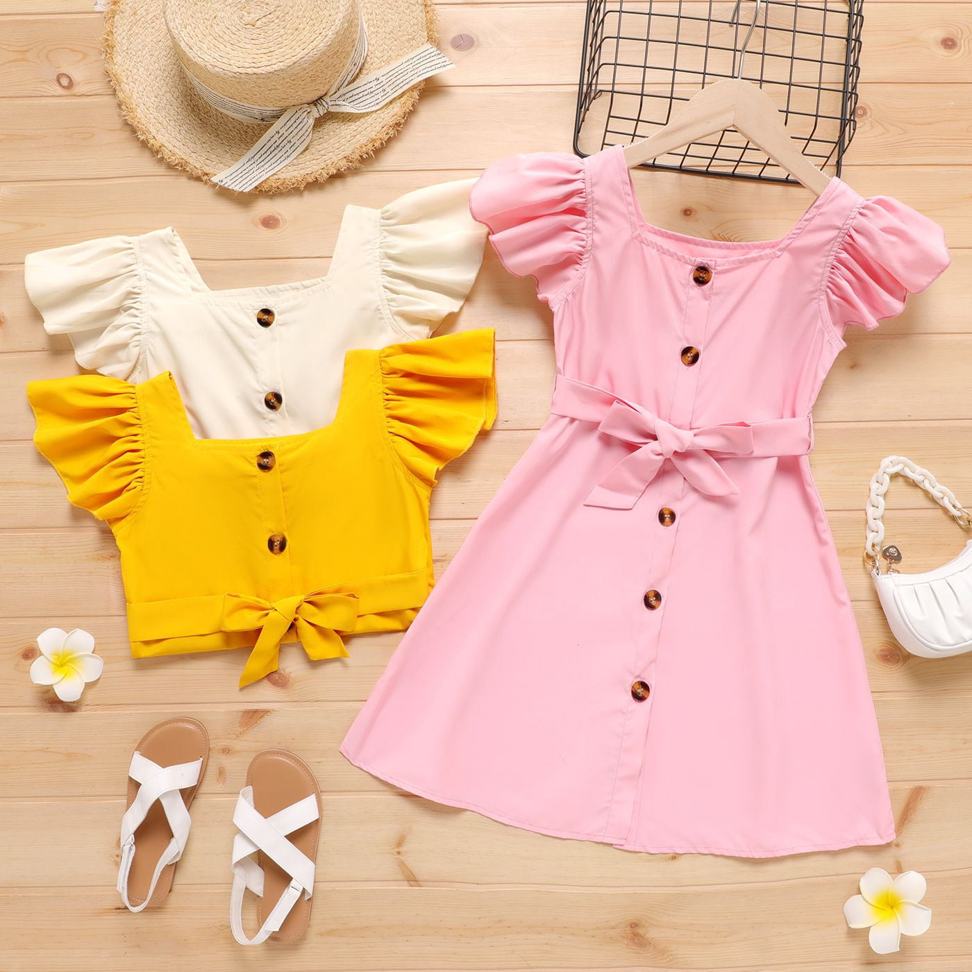 Kid Girl Solid Color Button Design Square Neck Flutter-sleeve Belted ...