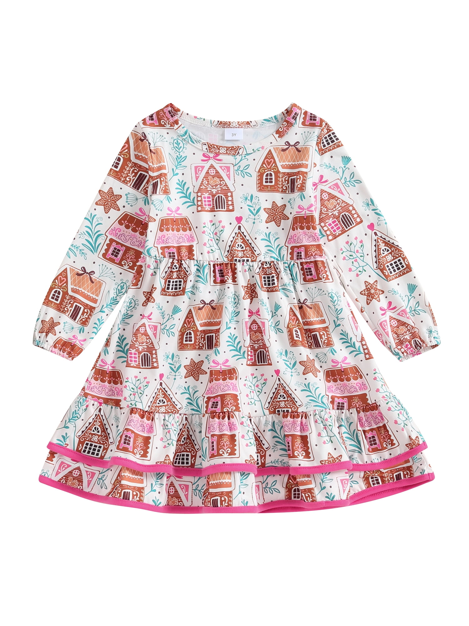 Kid Girls Christmas Gingerbread House Ruffle Dress Long Sleeve Round ...