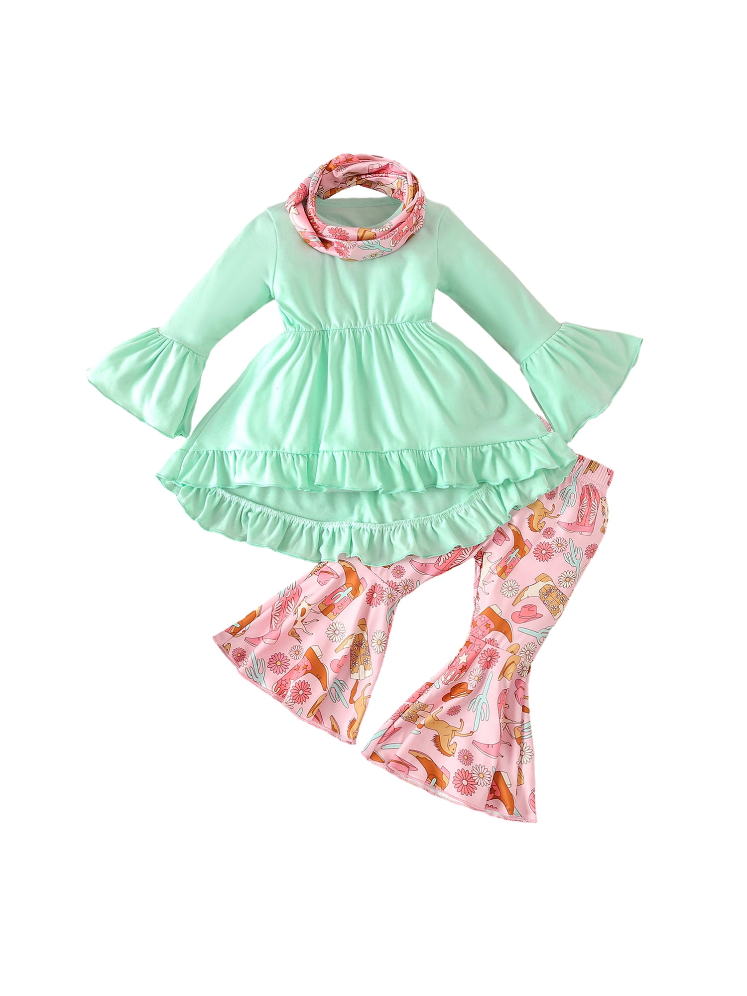 Kid Girls Fall Bell Bottoms Outfit Long Sleeve Ruffle T-shirt Tunic ...