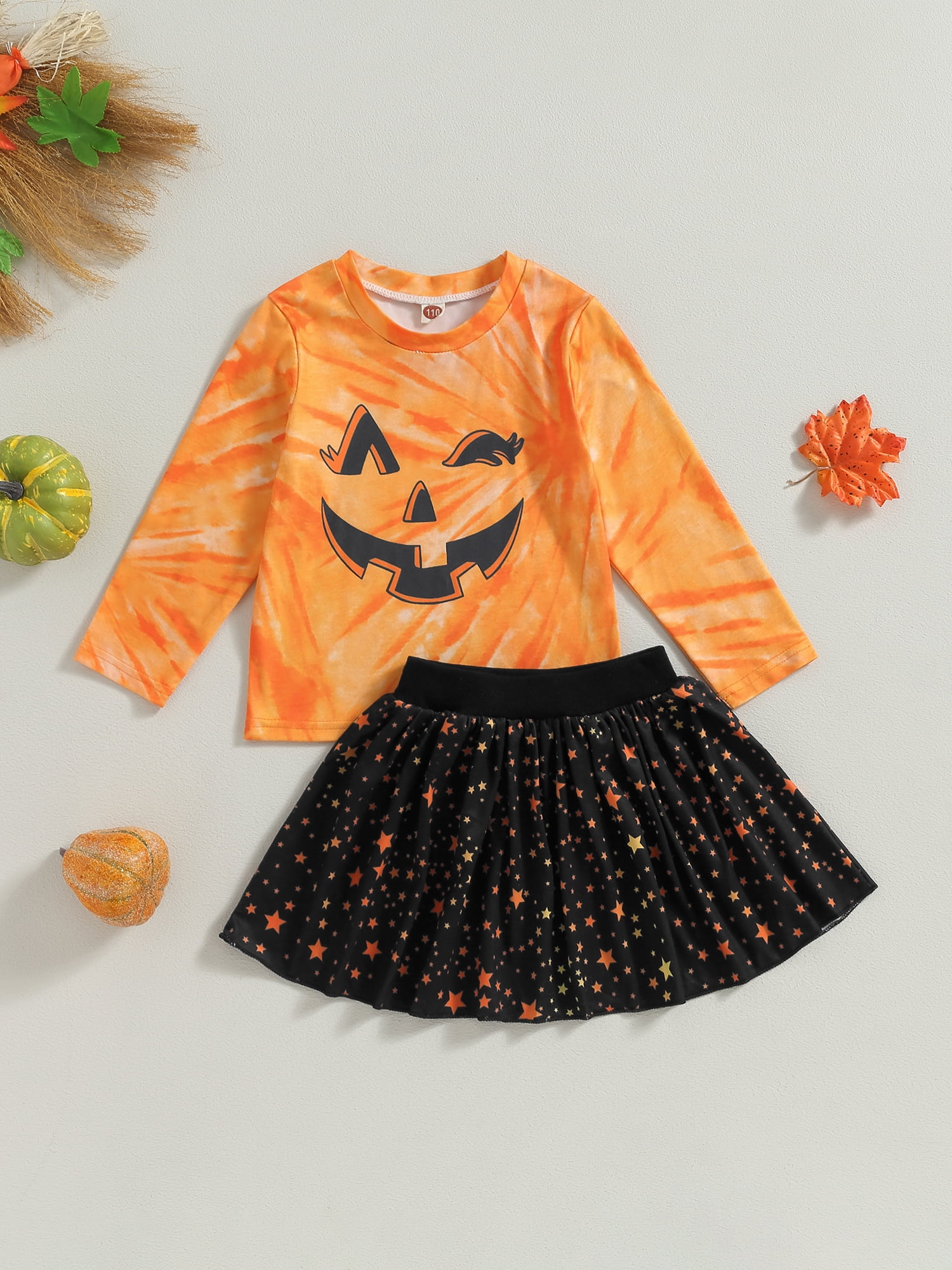 Kid Girls Fall Clothes Pumpkin Face Print Tops + Mini Skirt Set ...