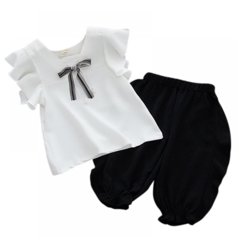 Kid Girls Flutter Sleeves Bow T-shirt Tops +Loose Pants, Solid Summer ...