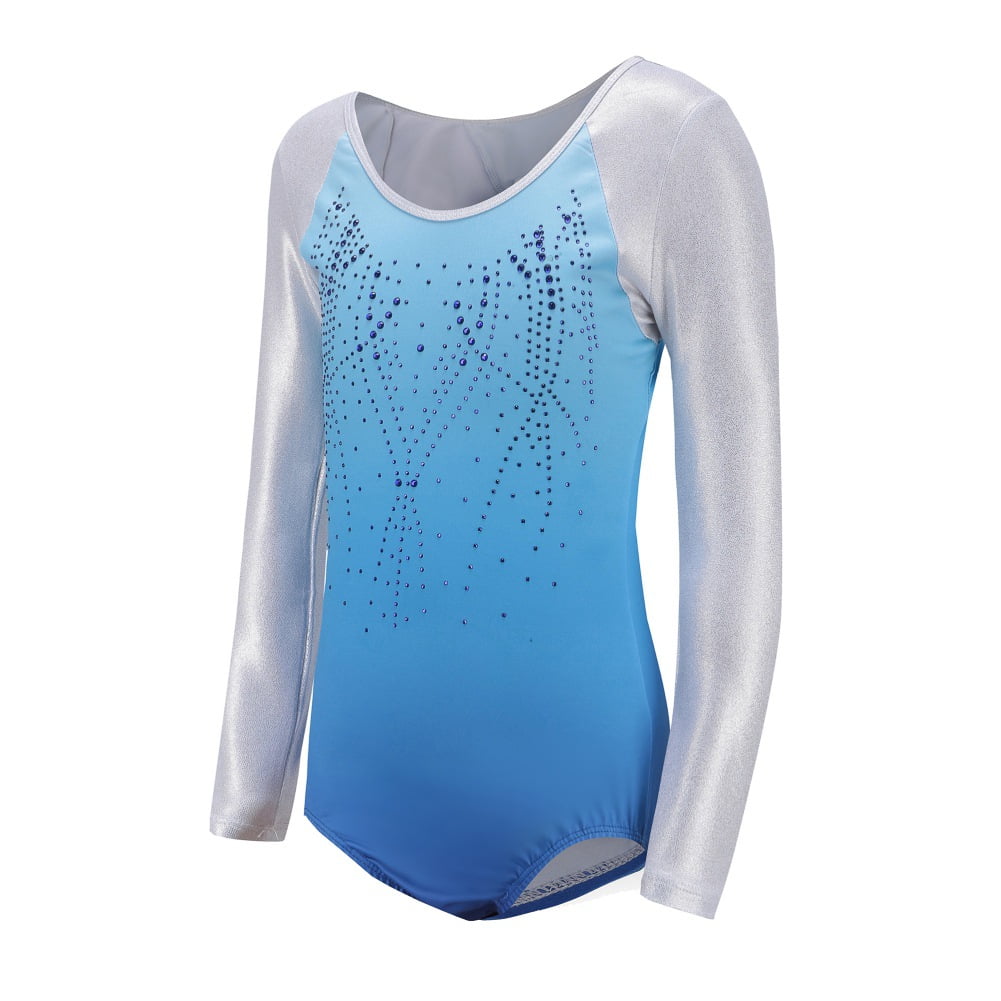 Kid Girls Gym Unitard Long Sleeves Rhineston Glitter Ballet Leotard One ...