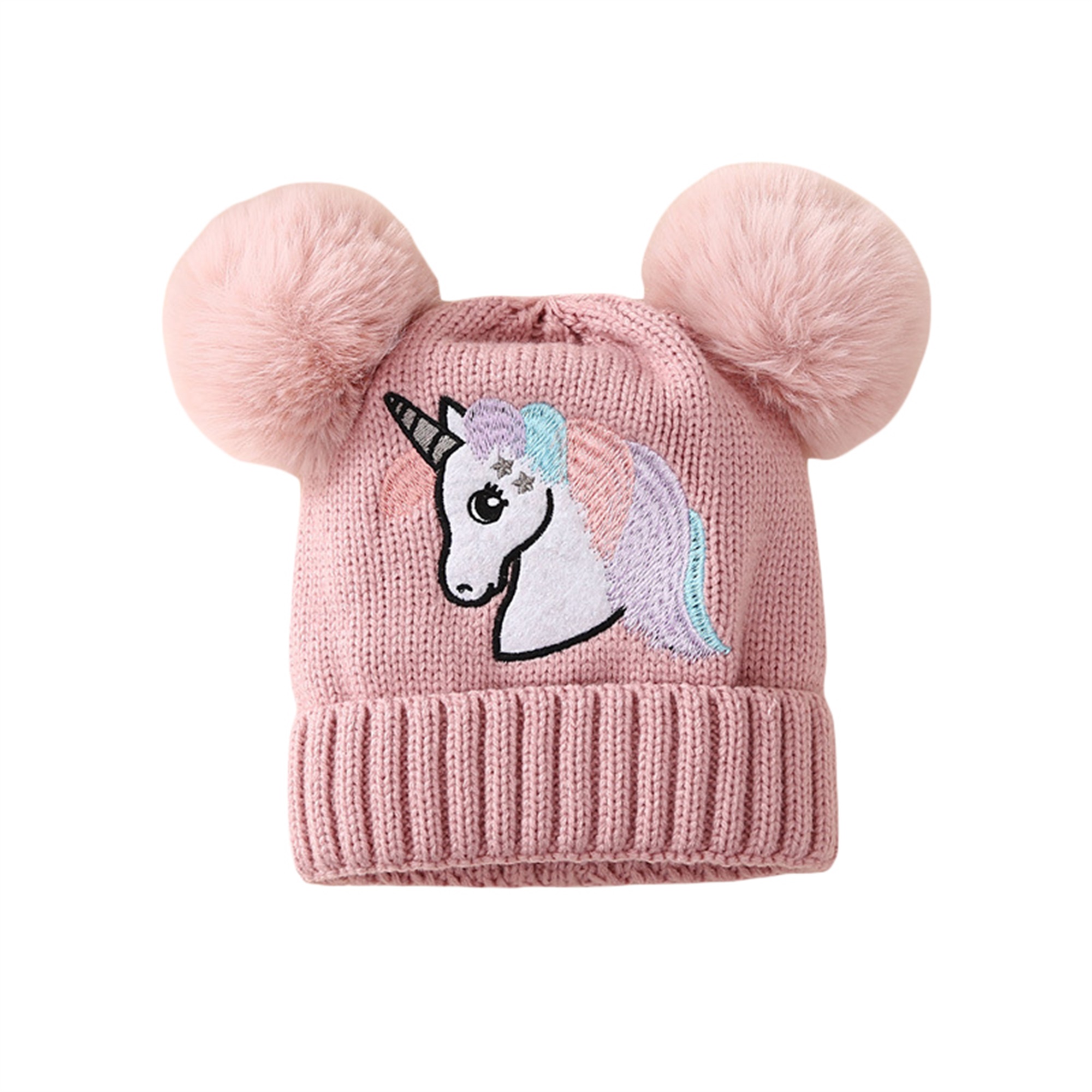 Kid Girls Knit Beanie Embroidery Horse Winter Cap with Plush Balls ...