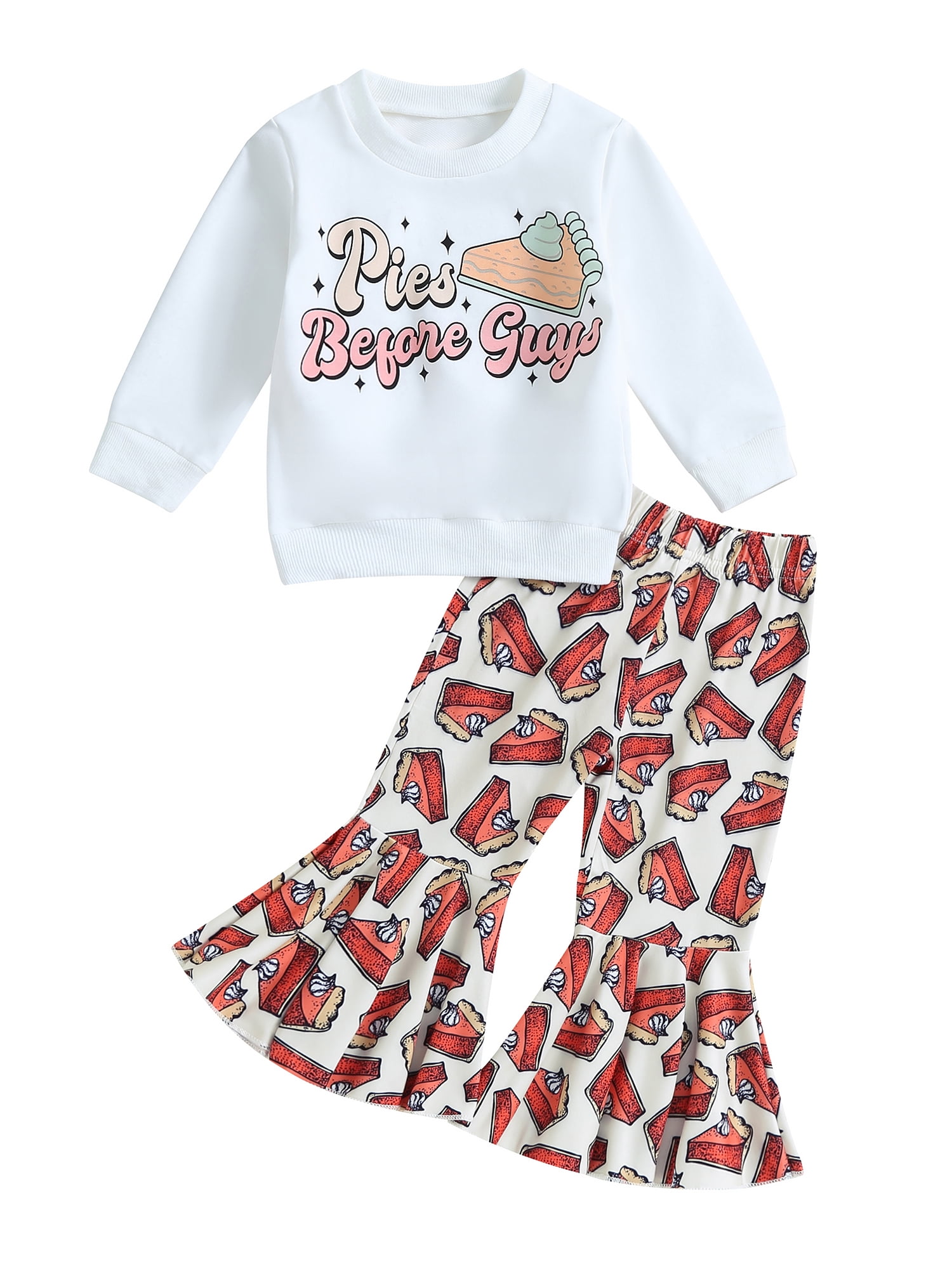 Kid Girls Pants Set, Letters Print Sweatshirt with Dessert Print Flare ...