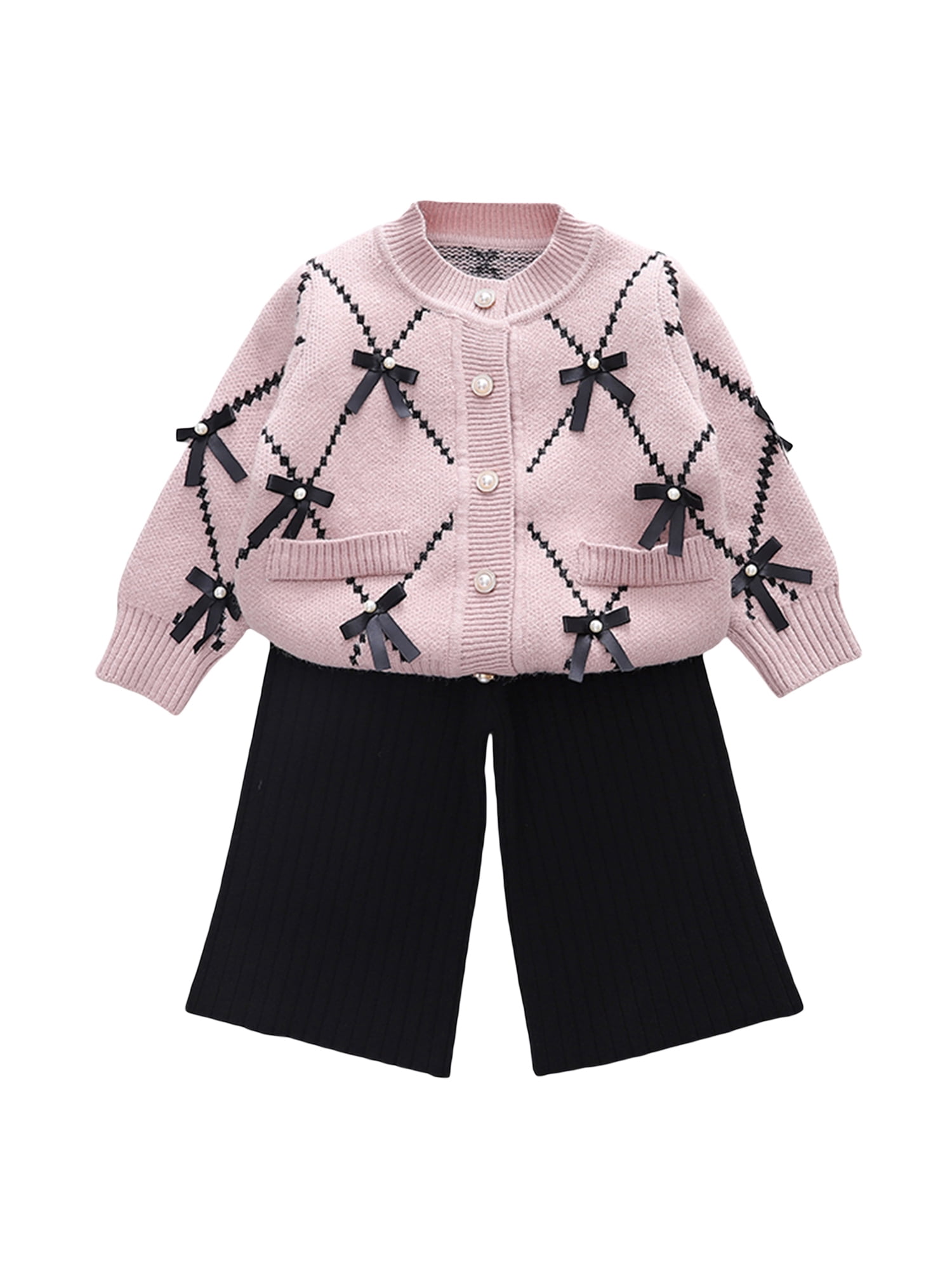 Kid Girls Pants Suit Long Sleeve Round Neck Knitting Buttons Tops ...