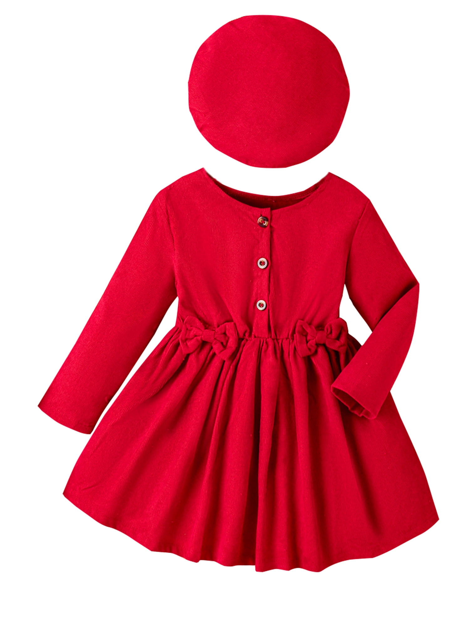 Kid Girls Red Dress Button Down Long Sleeve Bowknot Decor Mini Dress ...