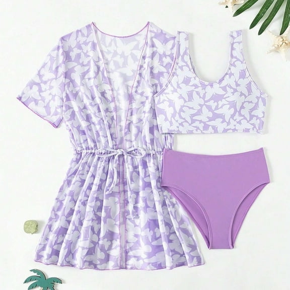 lnmuld Kids Swimsuits Girls 3 Piece Swimsuit Set High Waist Bikini with ...