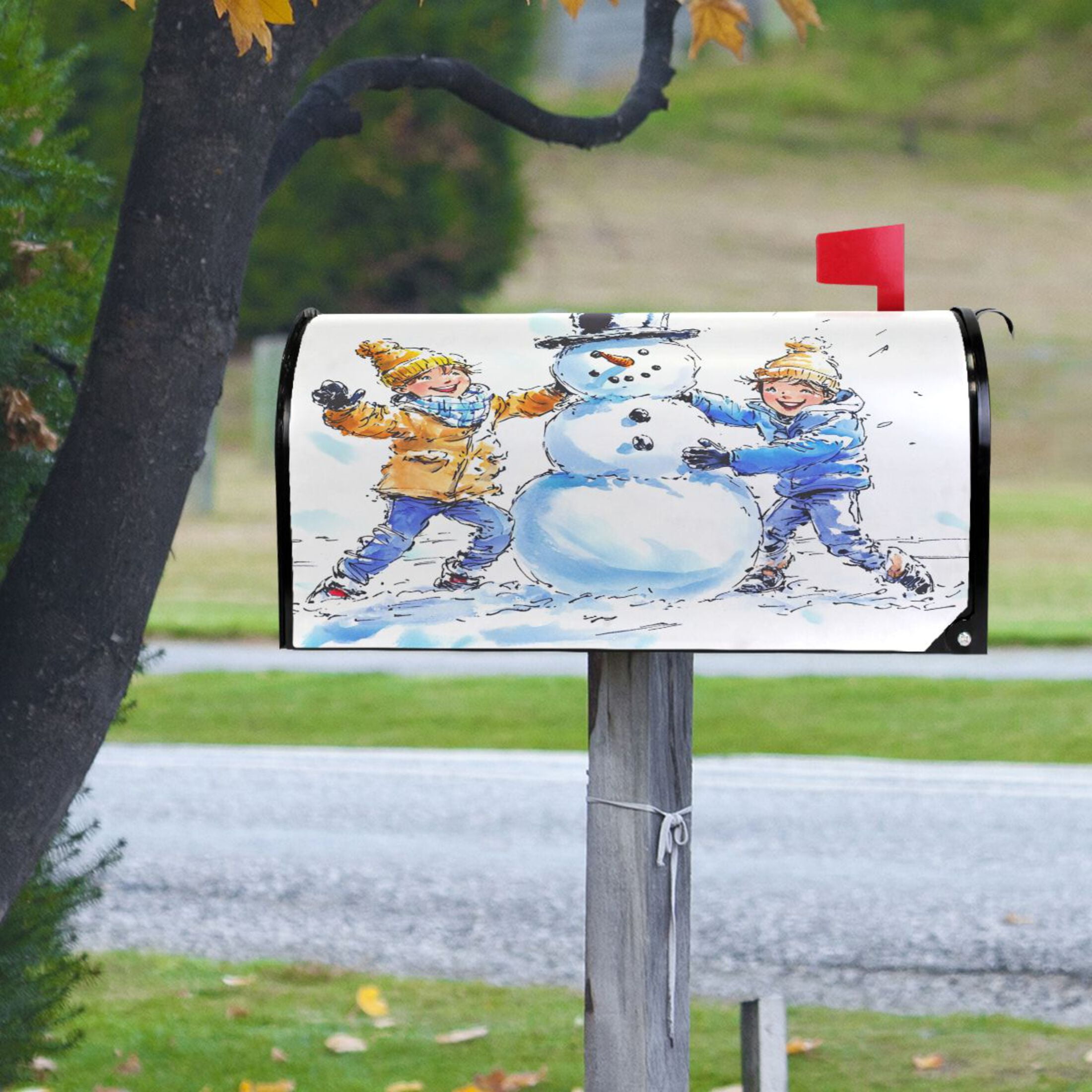 Kid Make A Snowman Magnetic PVC Mailbox Cover, 20.7" x 18" Standard ...