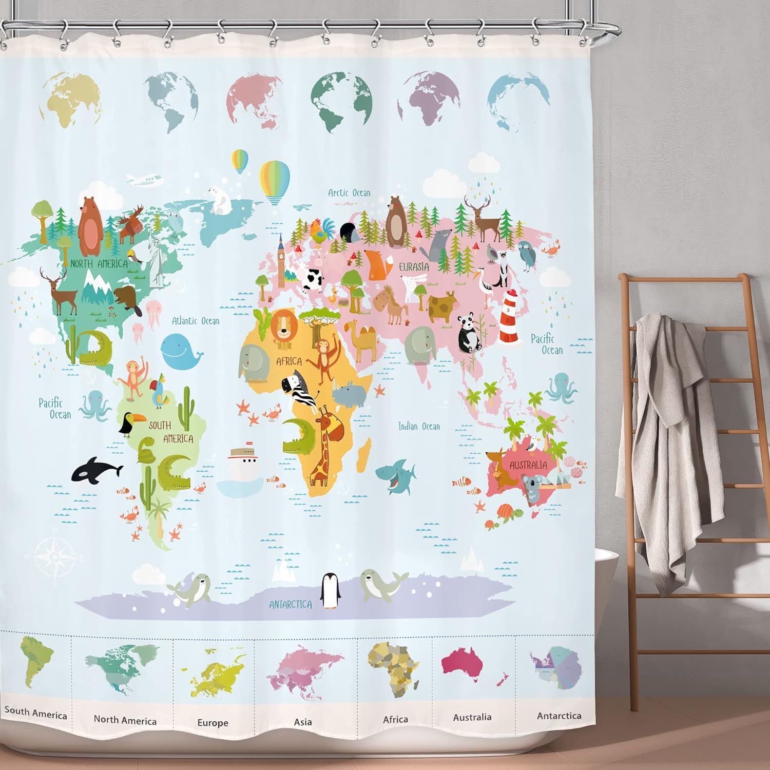 Kid Map Shower Curtain Bathroom Set 60Wx71H Inches Educational Funny ...