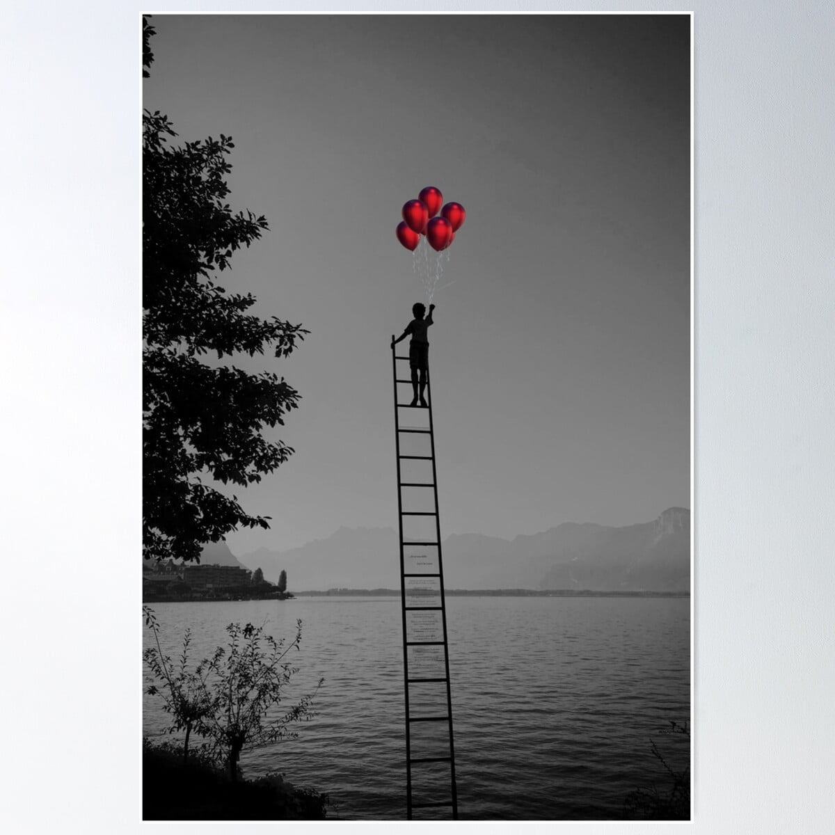 Kid On A Ladder With Red Balloons Poster Wall Art, Modern Wall Decor ...