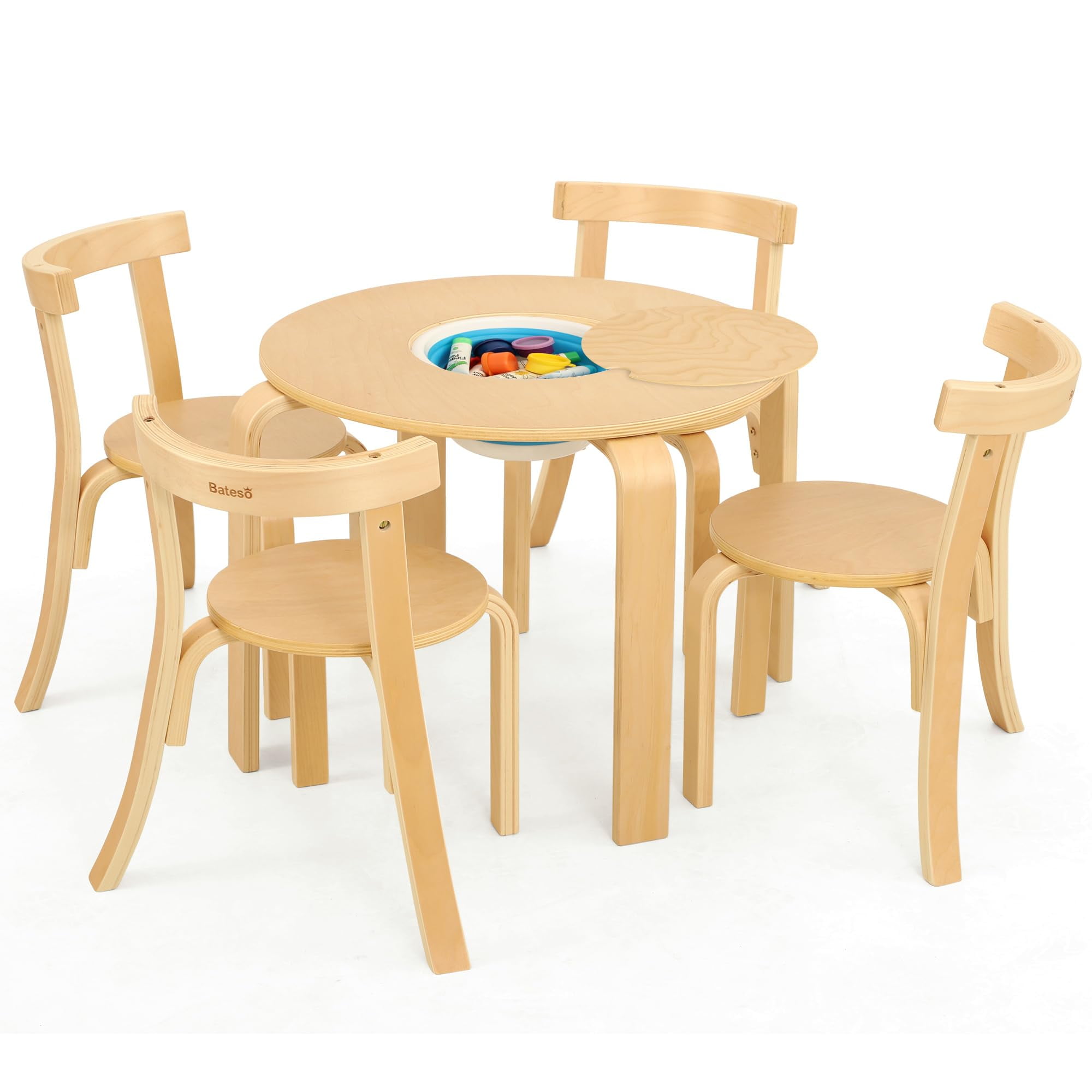 Kid Round Table and 4 Chairs Set with Storage Tub, Wooden Toddler Table ...