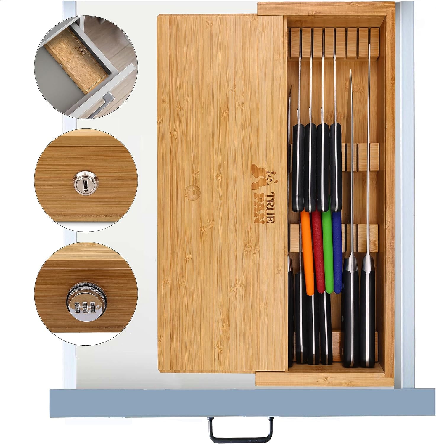 Kid Safe In-Drawer Bamboo Sharp Knives Holder & Organizer. (Knives Not Included). Multi Purpose ...