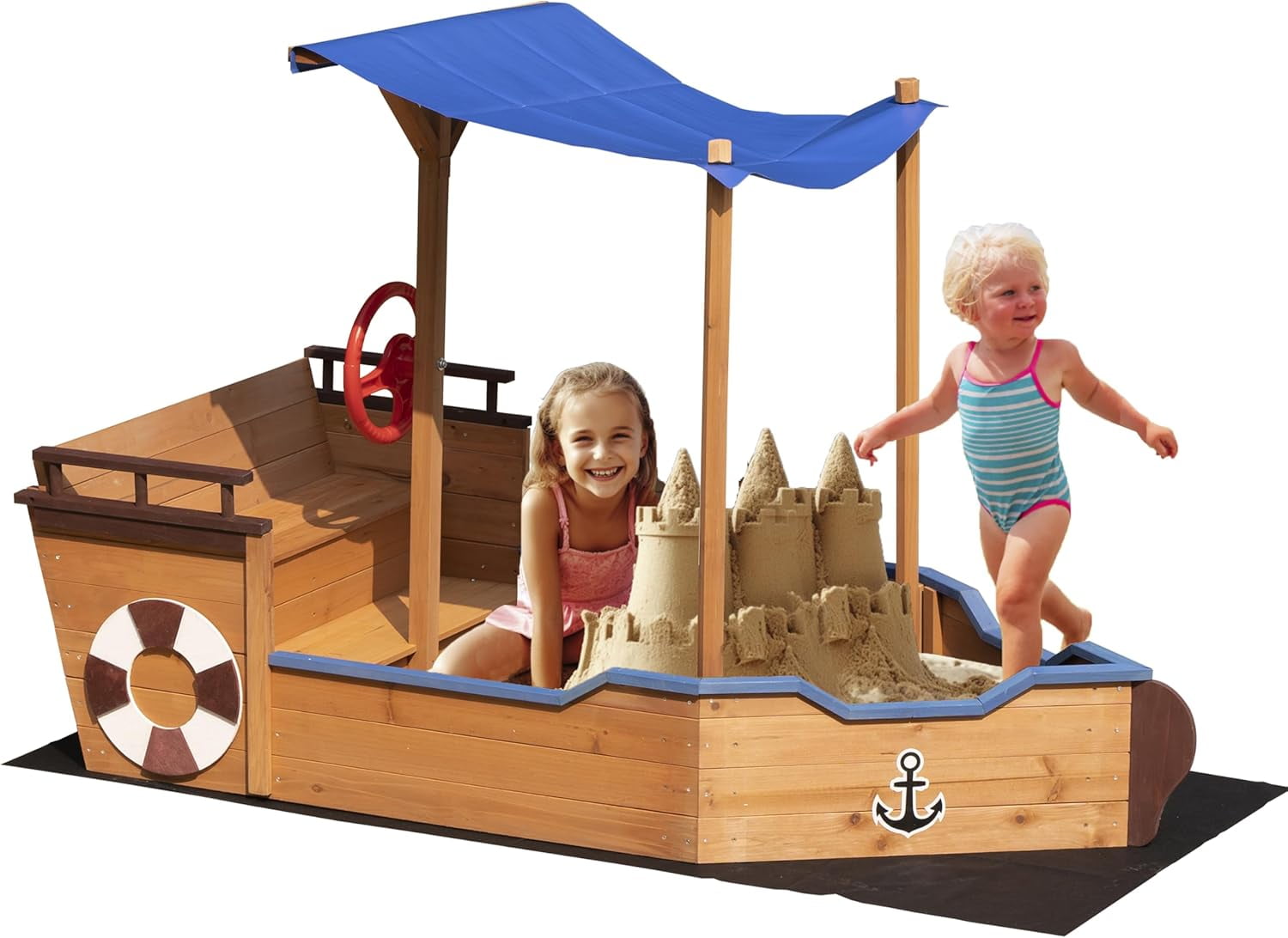 Kid Sandbox Pirate Ship with Cover and Rudder, Wooden Sandbox with ...
