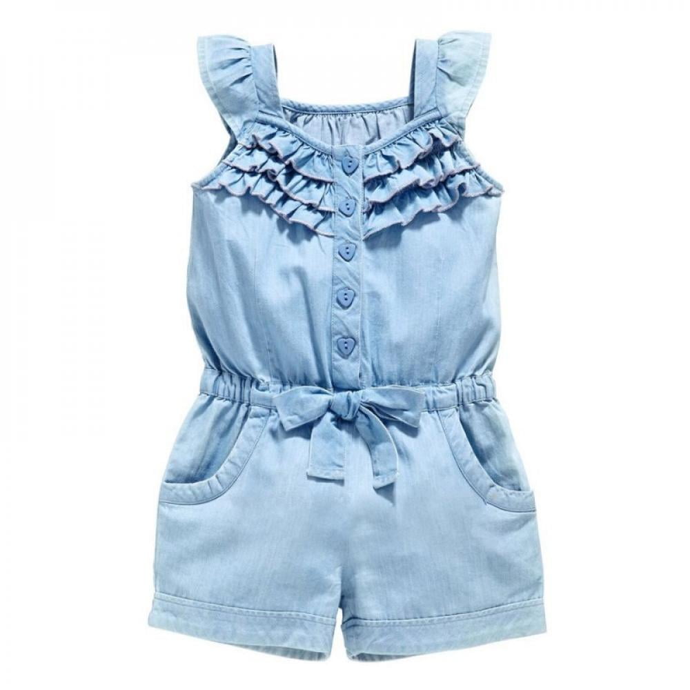 Kid Toddler Girl Romper Sleeveless Bodysuit Denim Overalls Bow Jumpsuit Ruffled One Piece 0-5Y ...