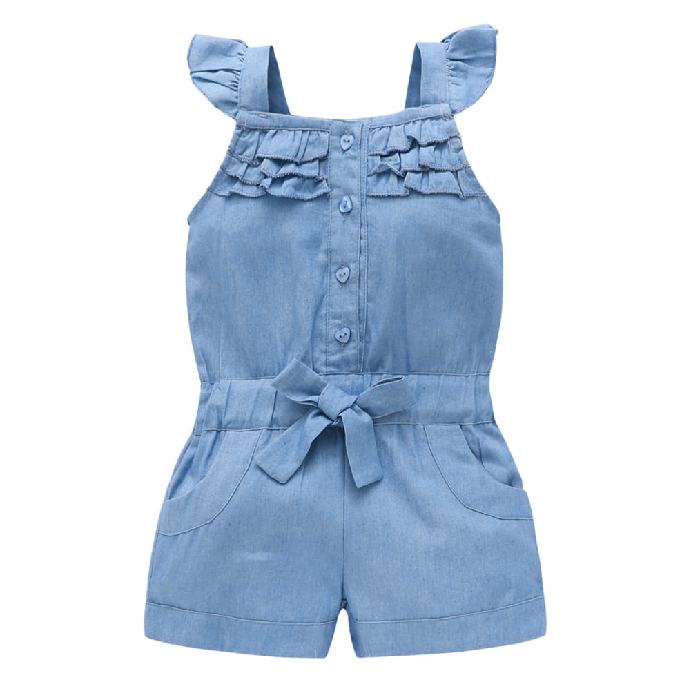 Kid Toddler Girl Romper Sleeveless Bodysuit Denim Overalls Bow Jumpsuit Ruffled One Piece 0-5Y ...